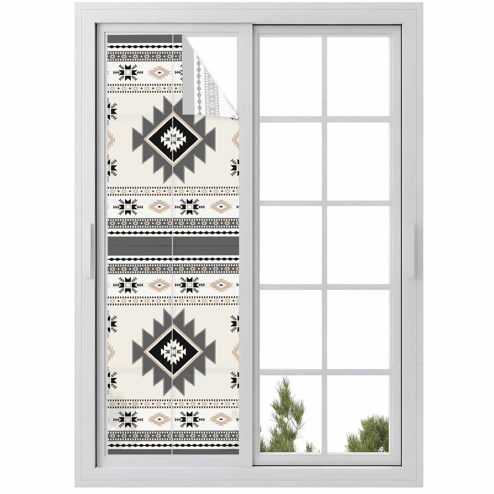 Gray Beige Boho Window Privacy Film, Ethnic Tribe Southwestern Vintage ...