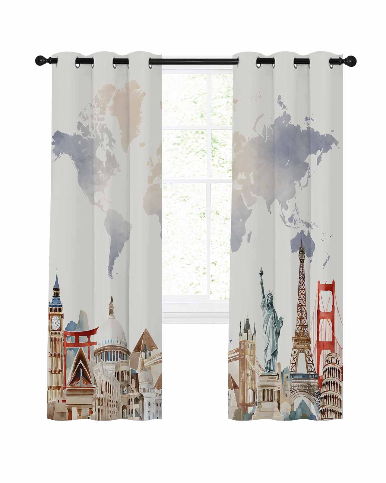 Gray Beige Map Blackout Curtains, Light Blocking Print Window Curtains ...