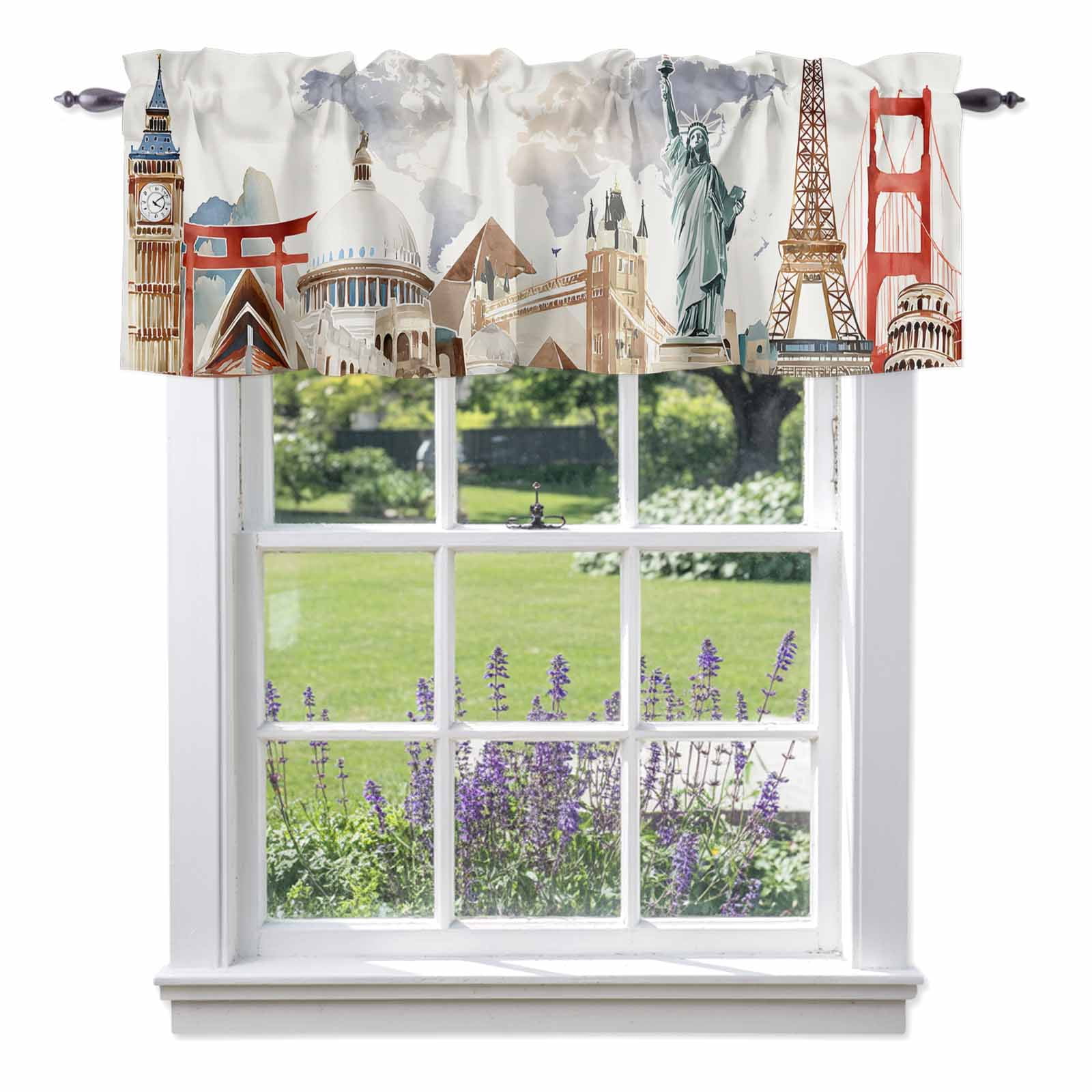 Gray Beige Map Kitchen Curtain Valances for Windows Farmhouse Short ...