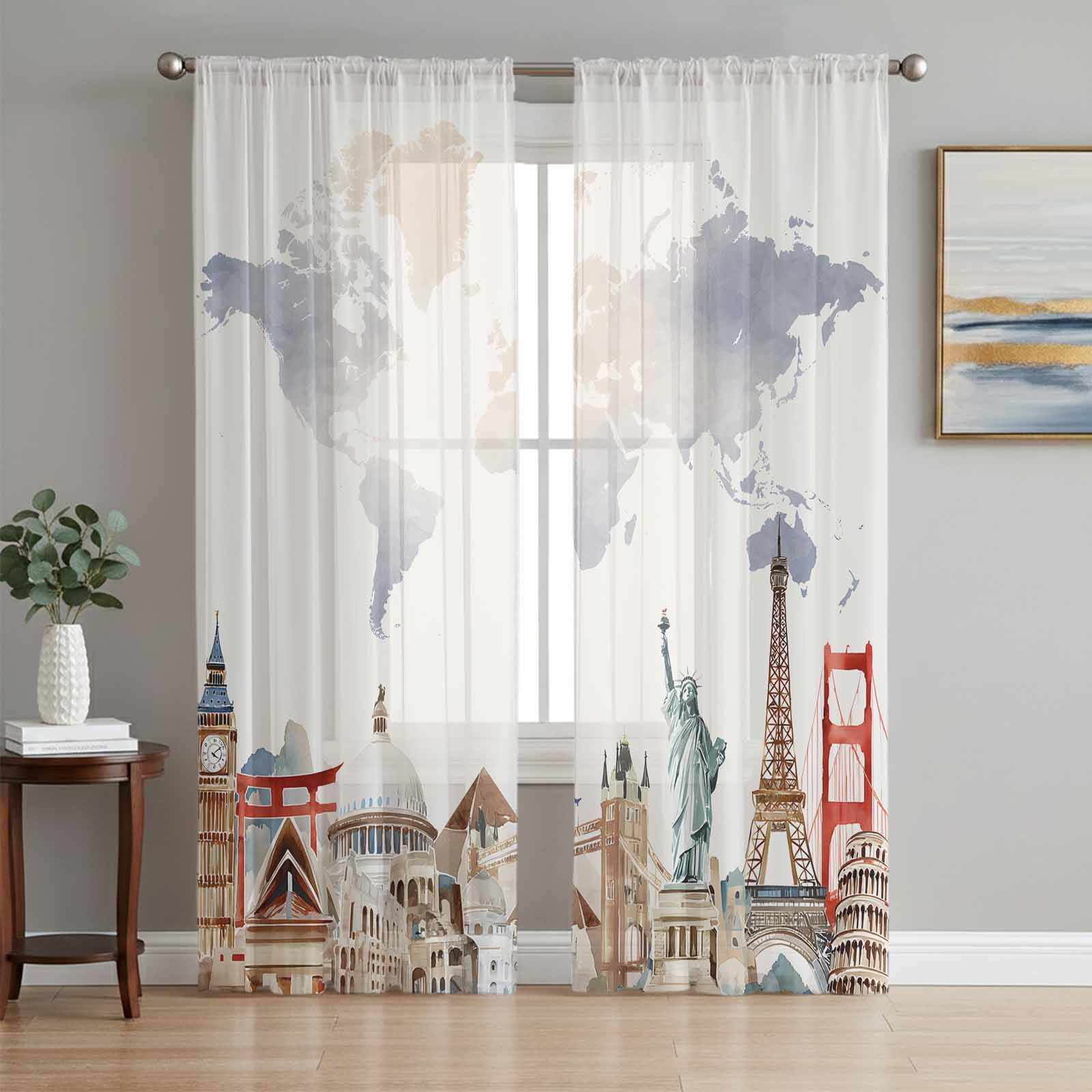 Gray Beige Map Semi Sheer Curtains 72 Inch Length 2 Panels Set, Funny ...