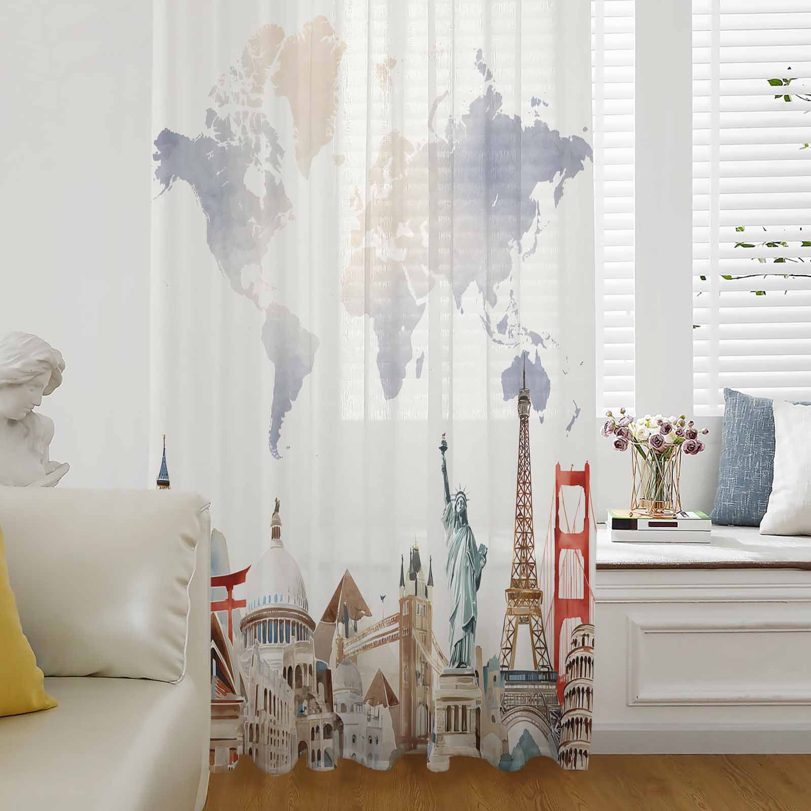 Gray Beige Map Semi Sheer Curtains Drapes for Living Room, Bedroom ...