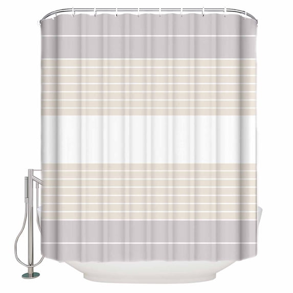 Gray Beige Stripe Bathroom Shower Curtains with 12 Hooks Polyester ...