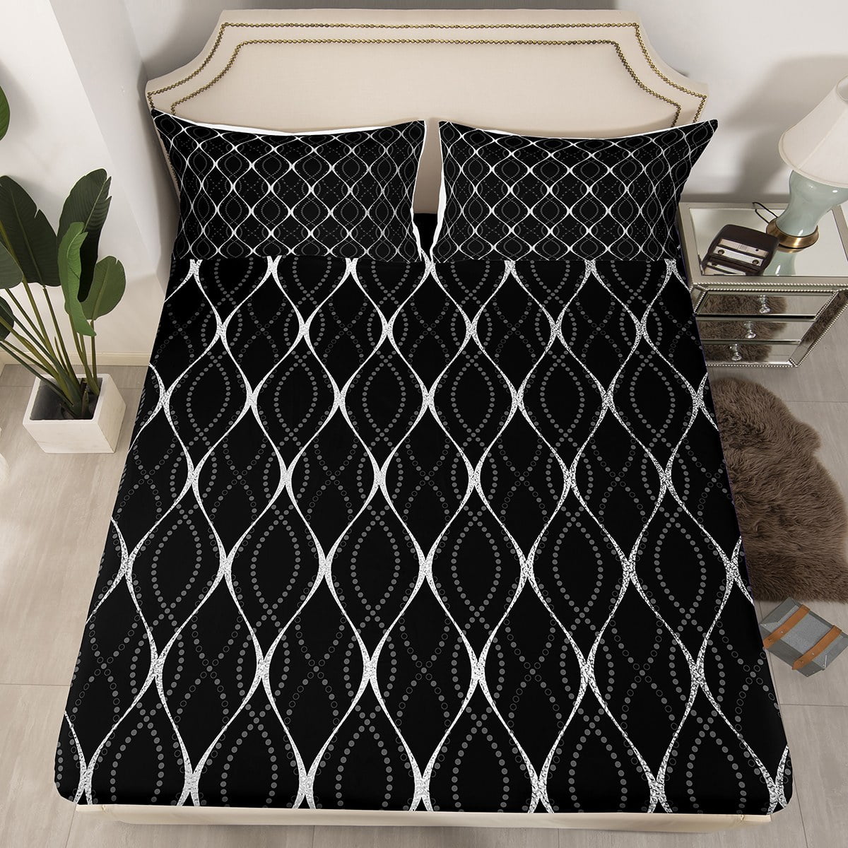 Gray Black Fitted Sheet Stripes Lines Geometric Bedding Set Full Size ...