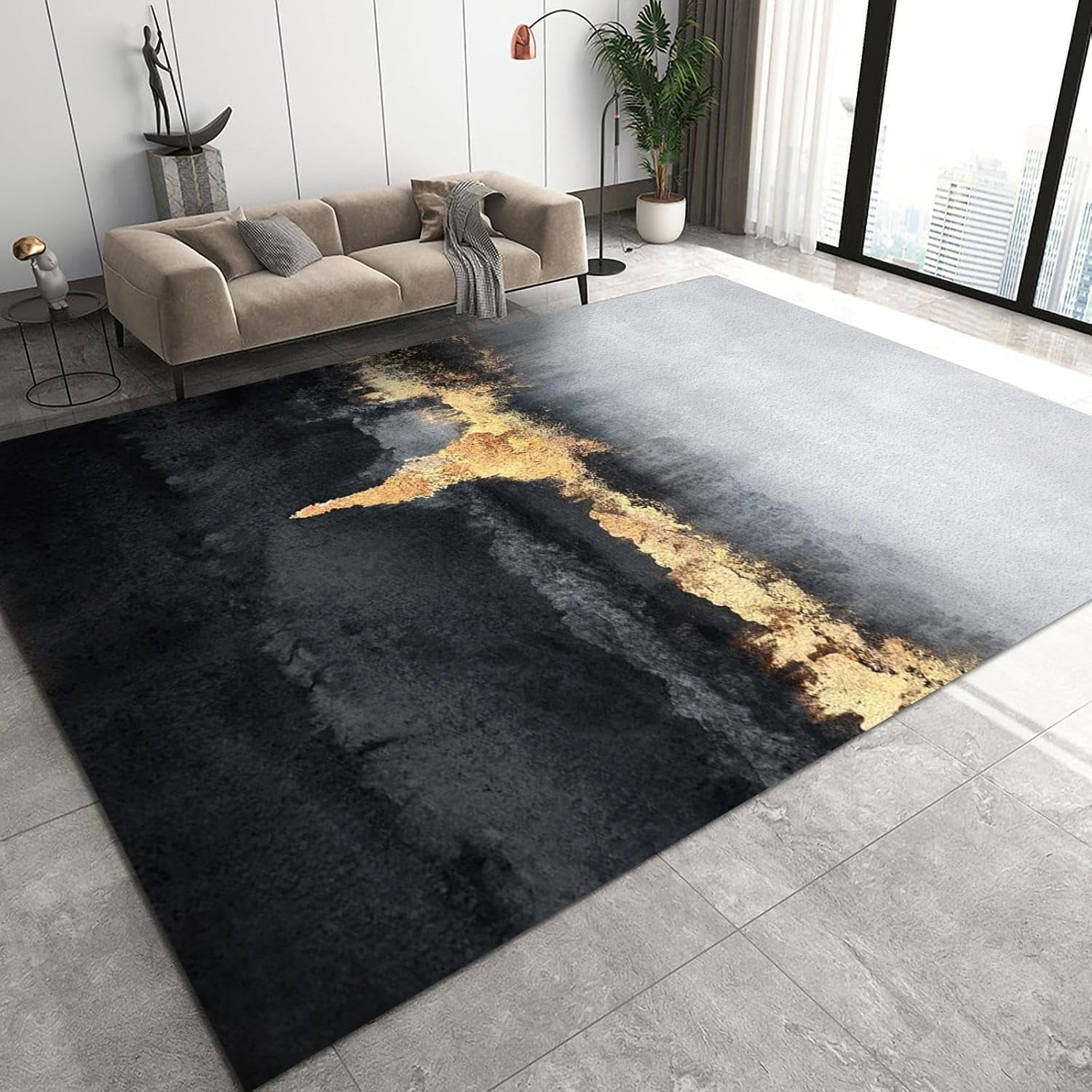 Gray Black Gold Watercolor Area Carpet, Retro Distressed European Style ...