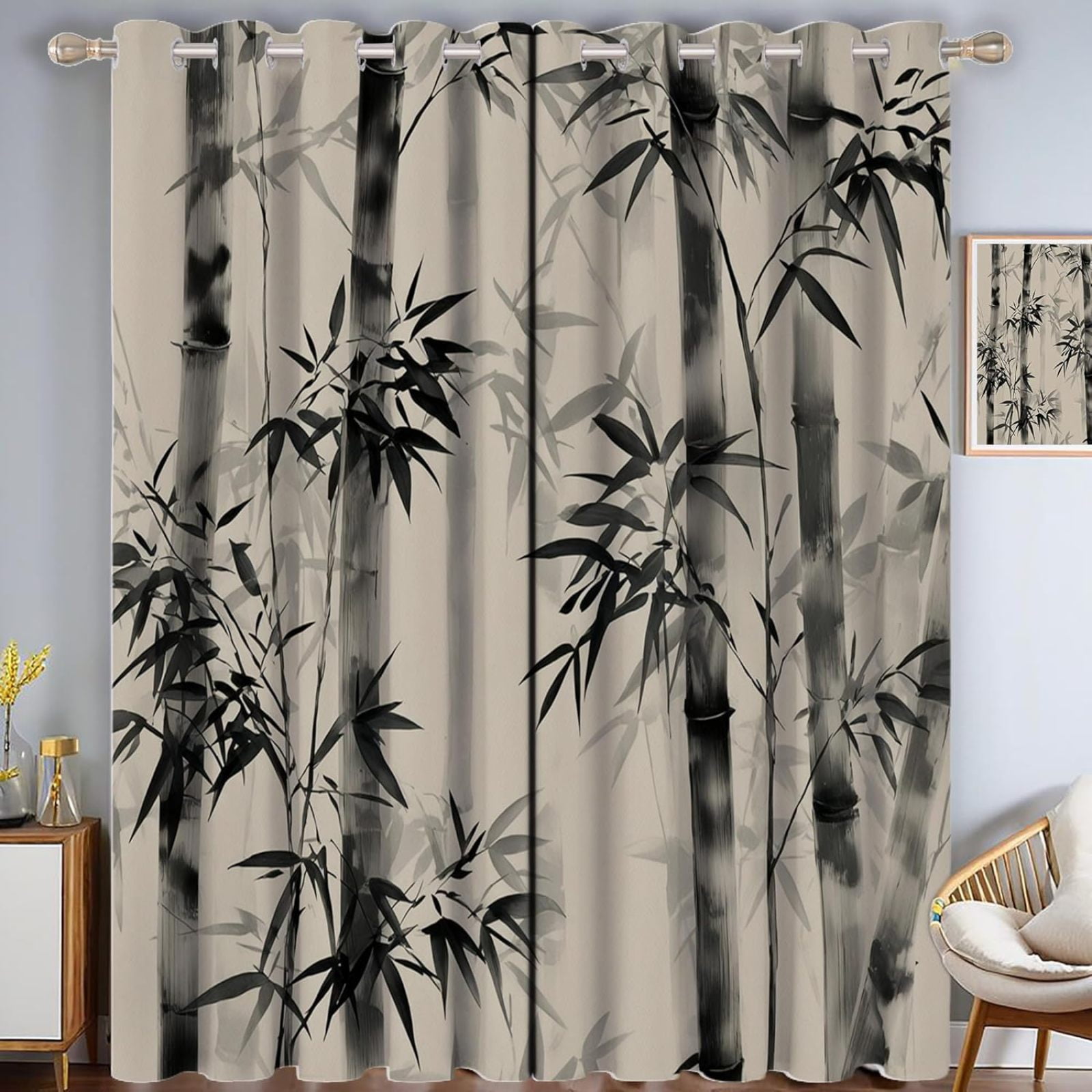 Gray Black Ink Painting Style Blackout Curtains 2 Panels Bamboo Pattern ...