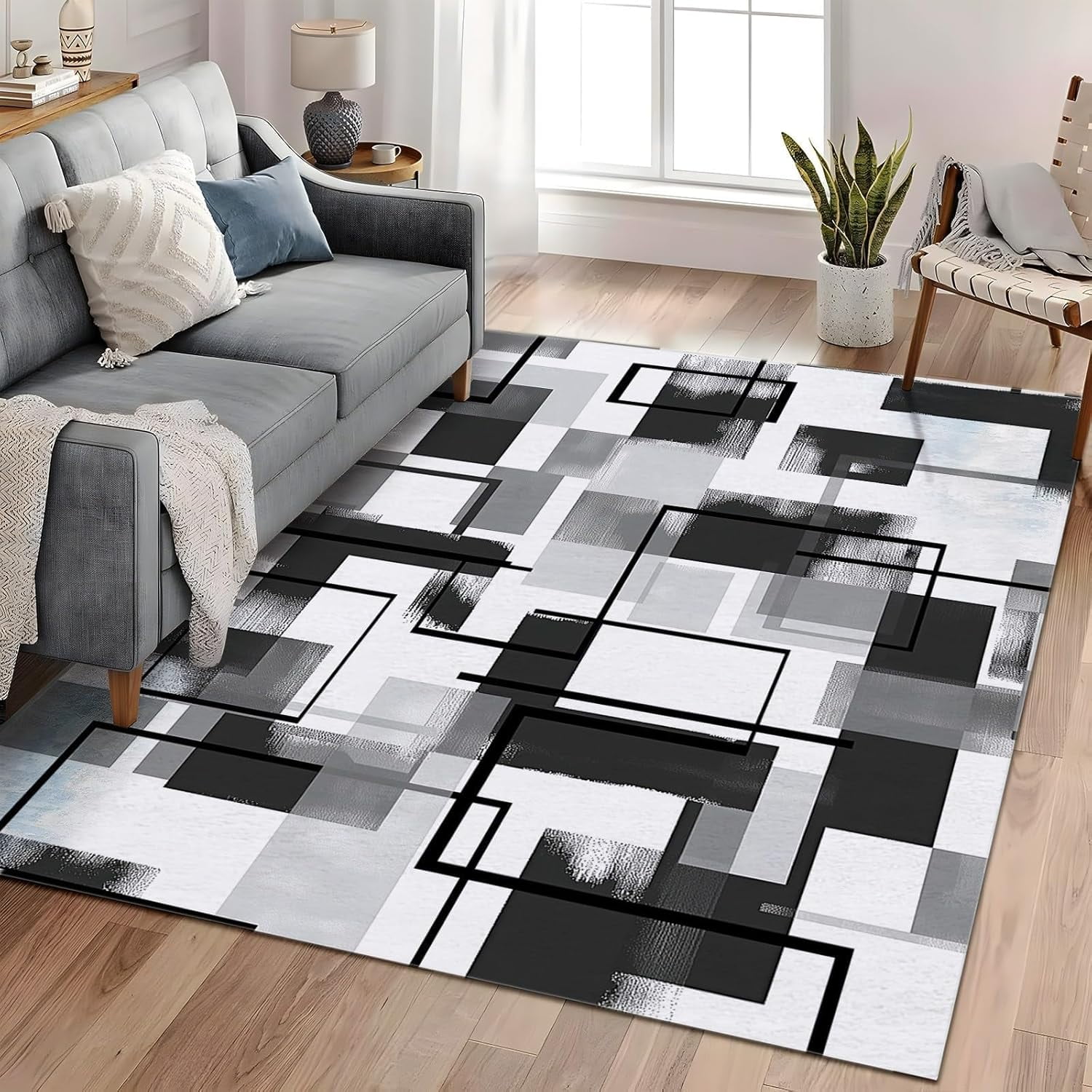 Gray Black White Color Blocks Area Rug Geometry Non-Slip Floor Carpet ...