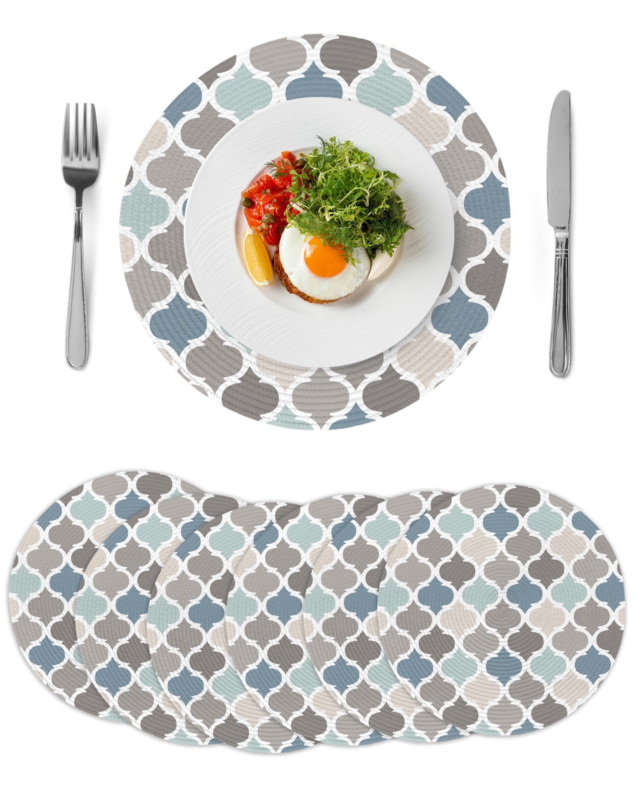 Gray Blue Beige Abstract Quatrefoil Pattern Round Table Placemats set ...