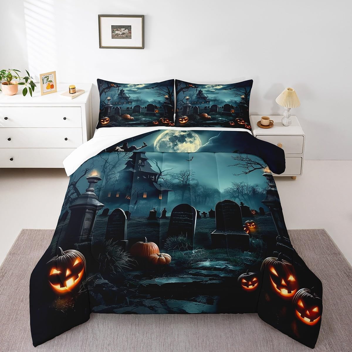 Gray Blue Cute Ghost Comforter Set Cartoon Halloween Theme Lovely ...