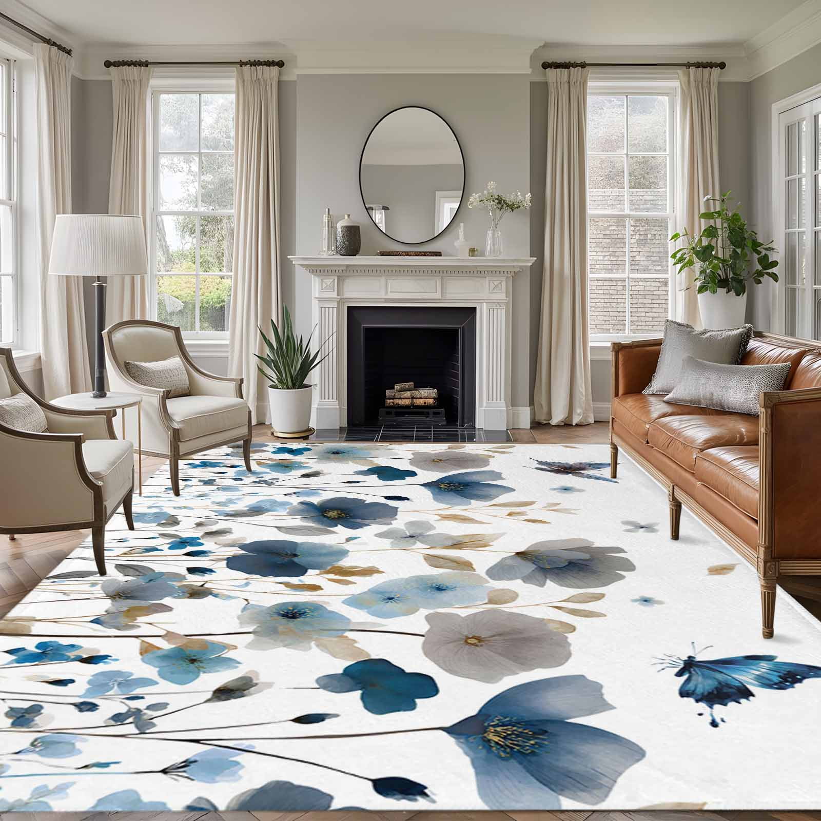 Gray Blue Flowers Area Rugs 5'x7', Washable Small Throw Rugs for ...
