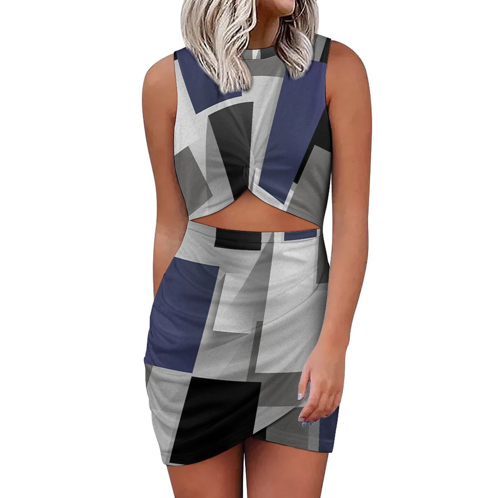 Gray Blue Geometric Abstract Pattern Women's Crossover Slim Hip Dress ...