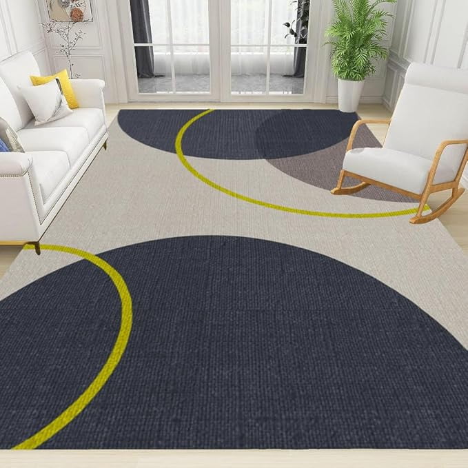 Gray Blue Gold Lines Area Rug For Living Room, Modern Minimalist ...