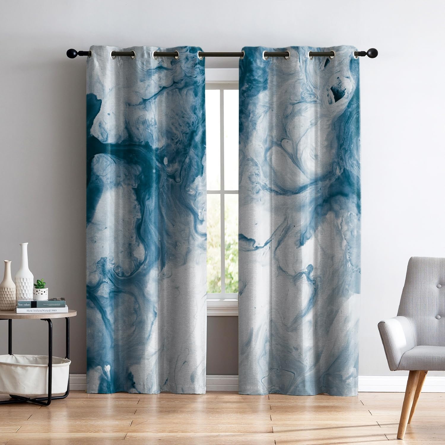 Gray Blue Marble Blackout Curtains White Abstract Liquid Art Thermal ...