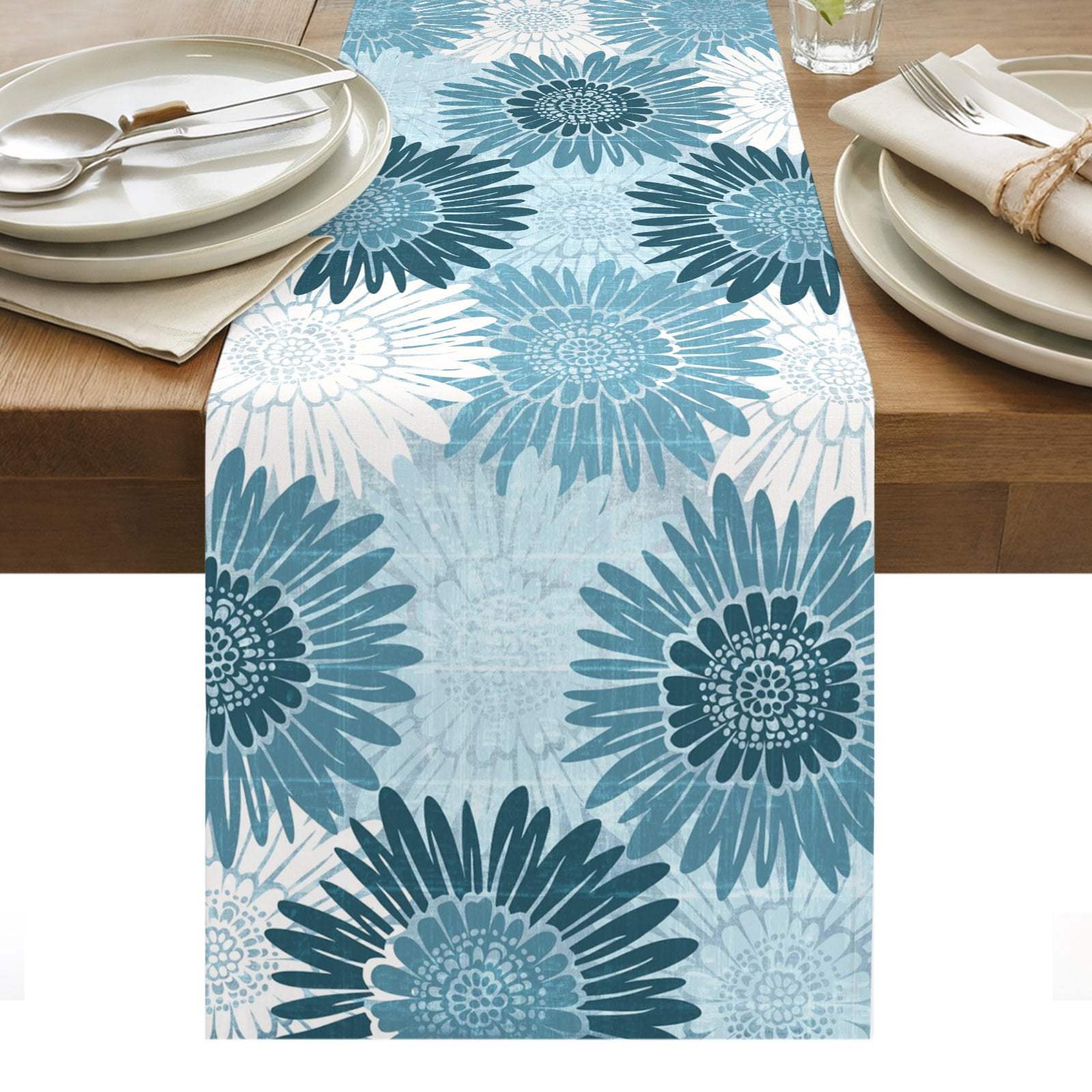 Gray Blue Summer Floral Cotton Linen Table Runner Farmhouse Rustic ...