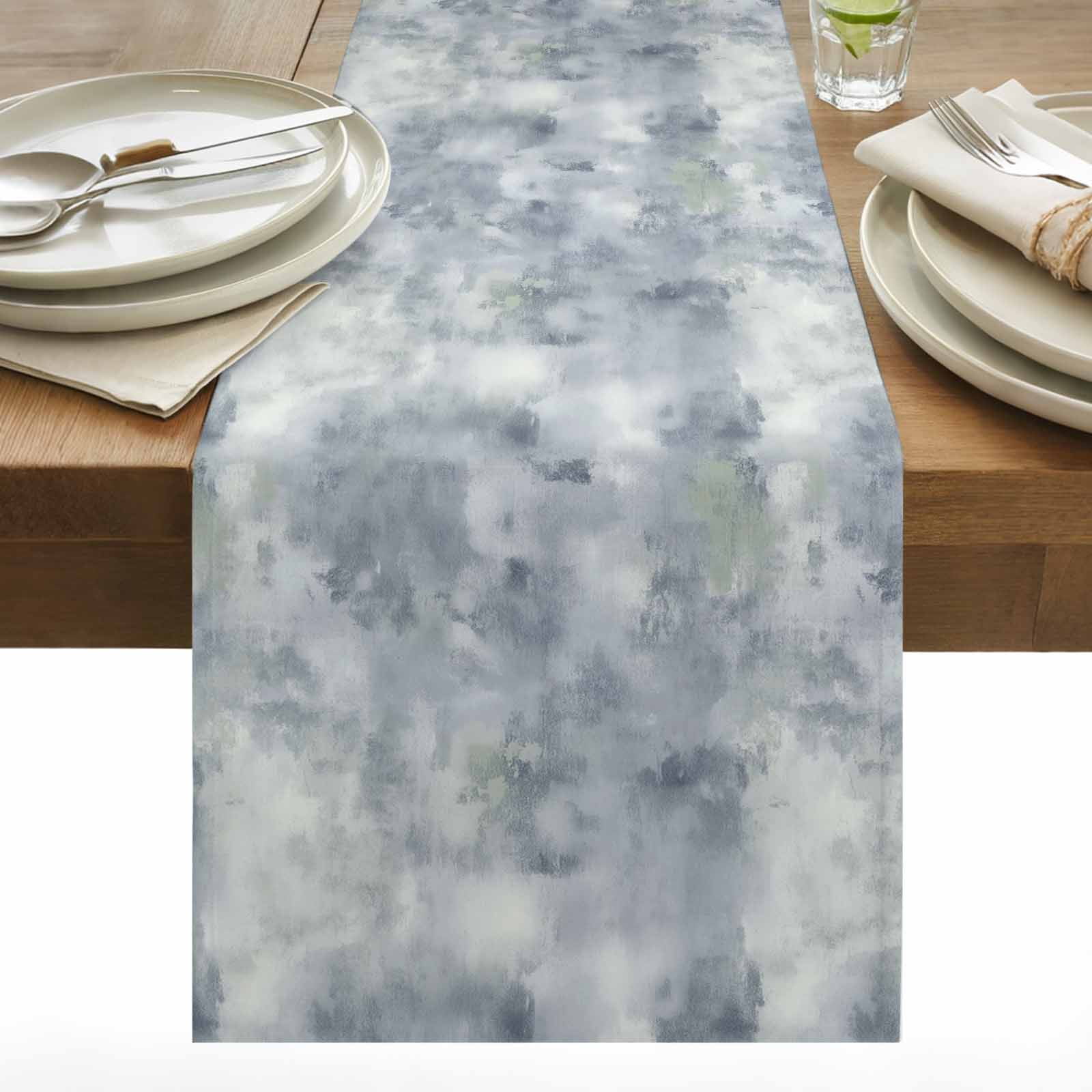 Gray Blue Table Runner 13x90 inch Oil Painting Cotton Linen Dining ...