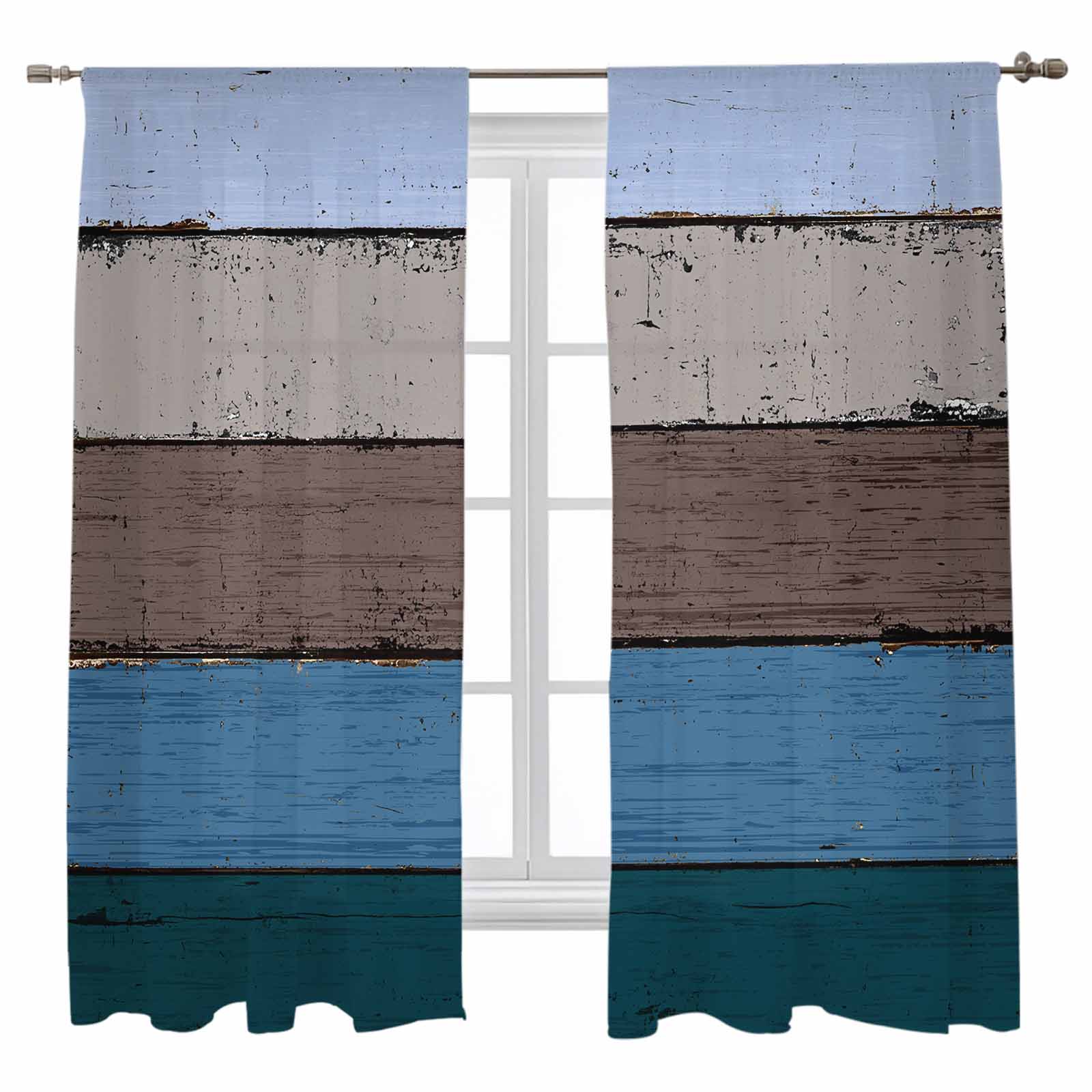 Gray Blue Wood Grain Sheer Curtains 72 inches Long, Countryside Stripe ...