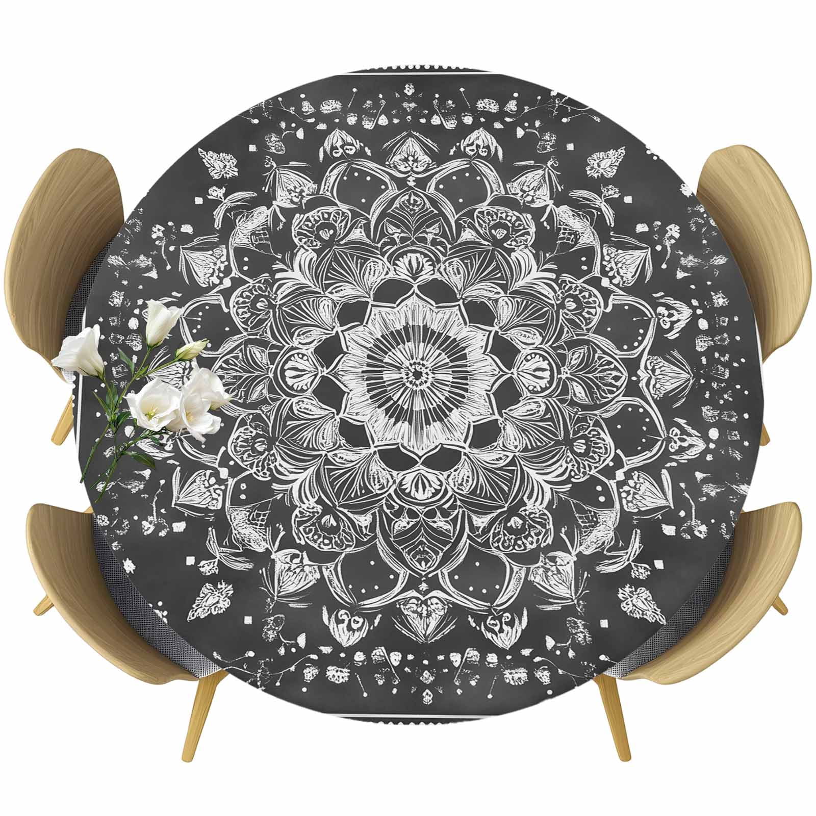 Gray Boho Floral Round Tablecloth 55-60 Inch Round Fitted Table Cloth ...
