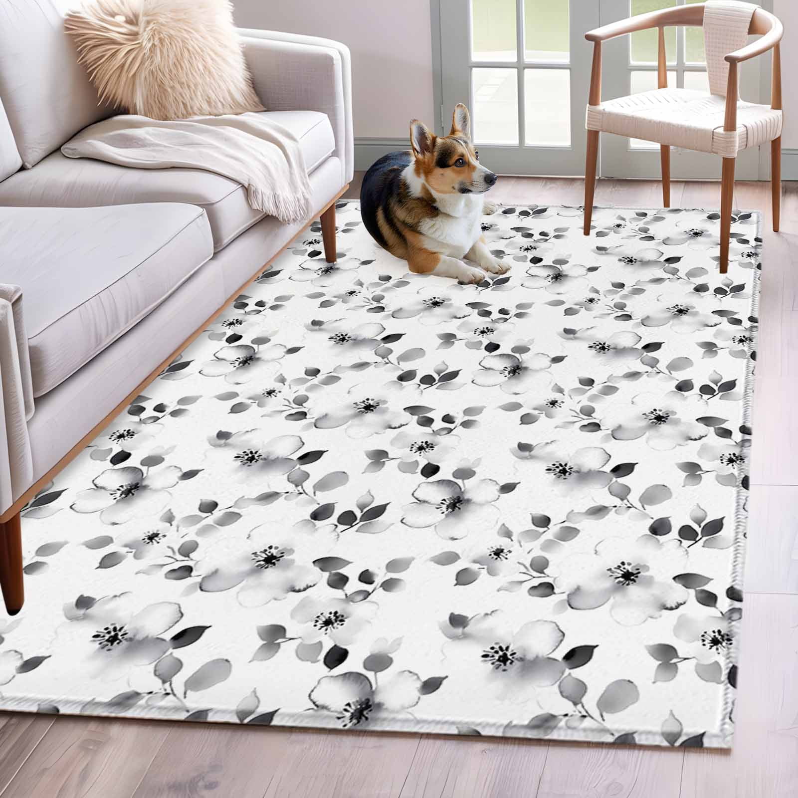 Gray Botanical Area Rug 3x5 FT, Non Slip Entryway Bedside Carpet, Retro ...