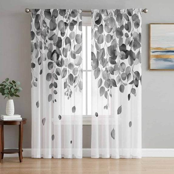 Gray Botanical Semi Sheer Curtains 84 Inch Length 2 Panels Set ...