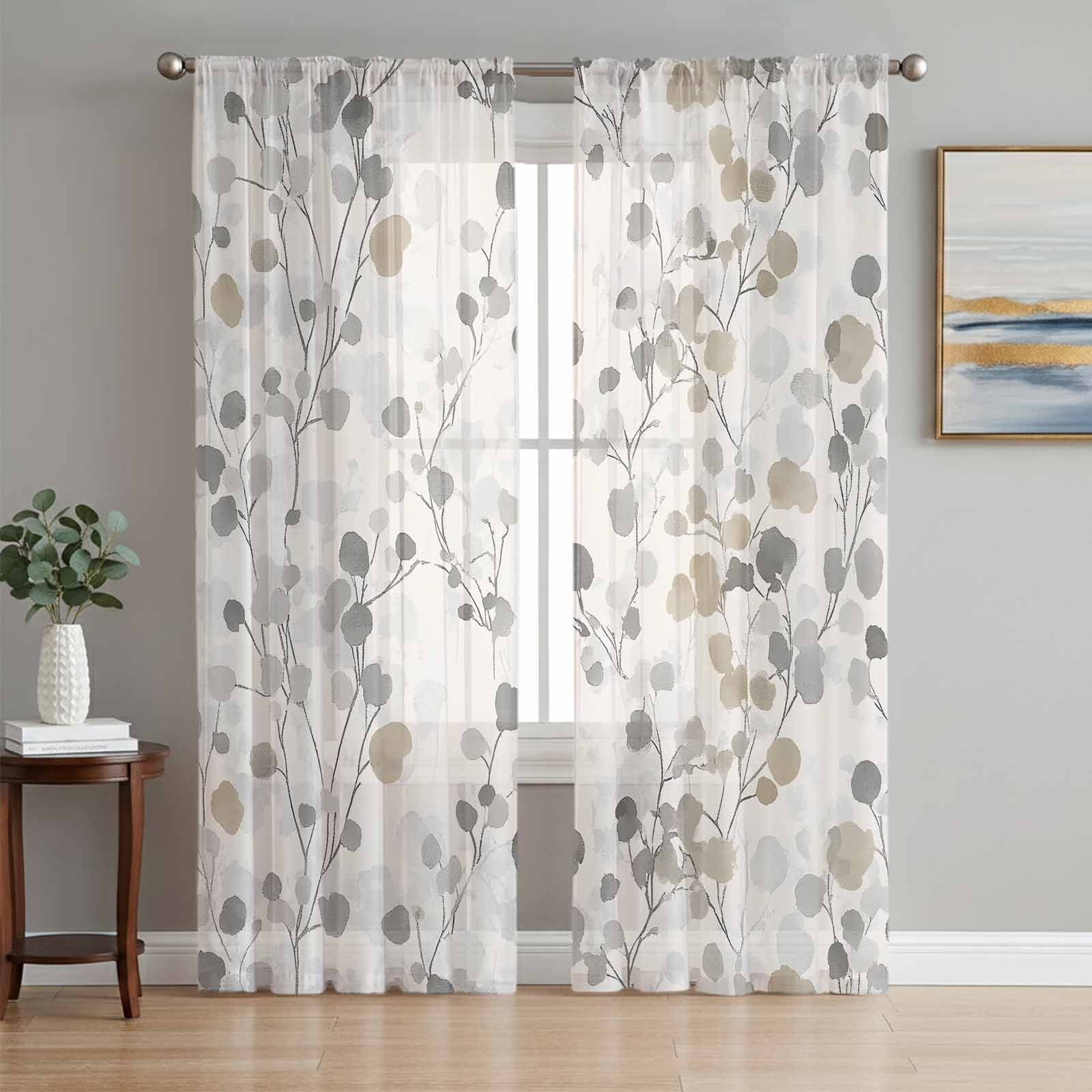 Gray Botanical Sheer Curtains 63 Inch Length 2 Panels Set, Farmhouse ...