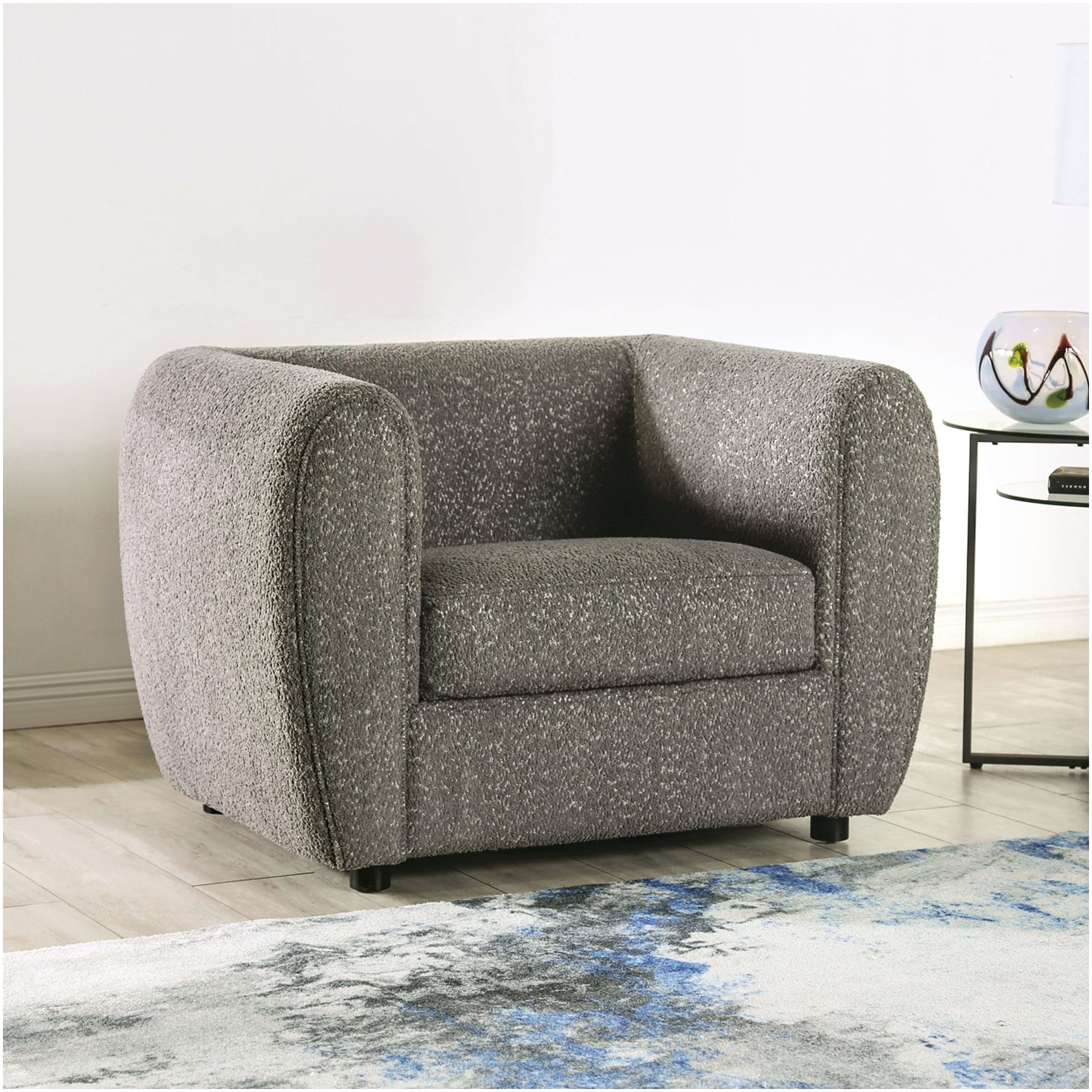 Gray Boucle Fabric Tuxedo Chair with Wooden Legs and Box Cushion for ...