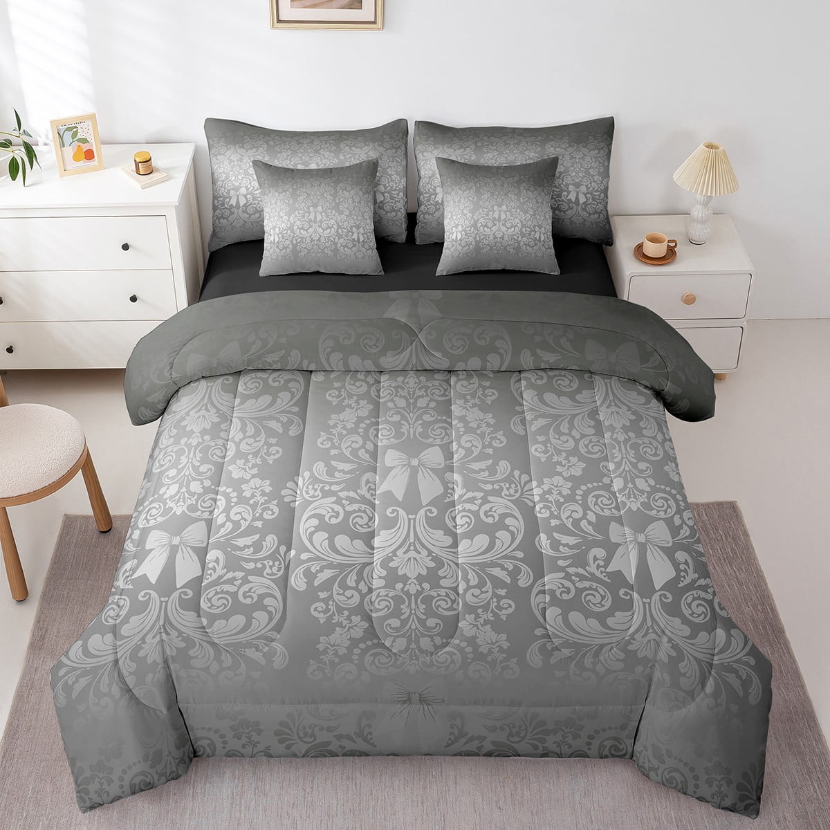 Gray Bowknot Bed in a Bag King Size Comforter Set 7 Pieces,Antique ...