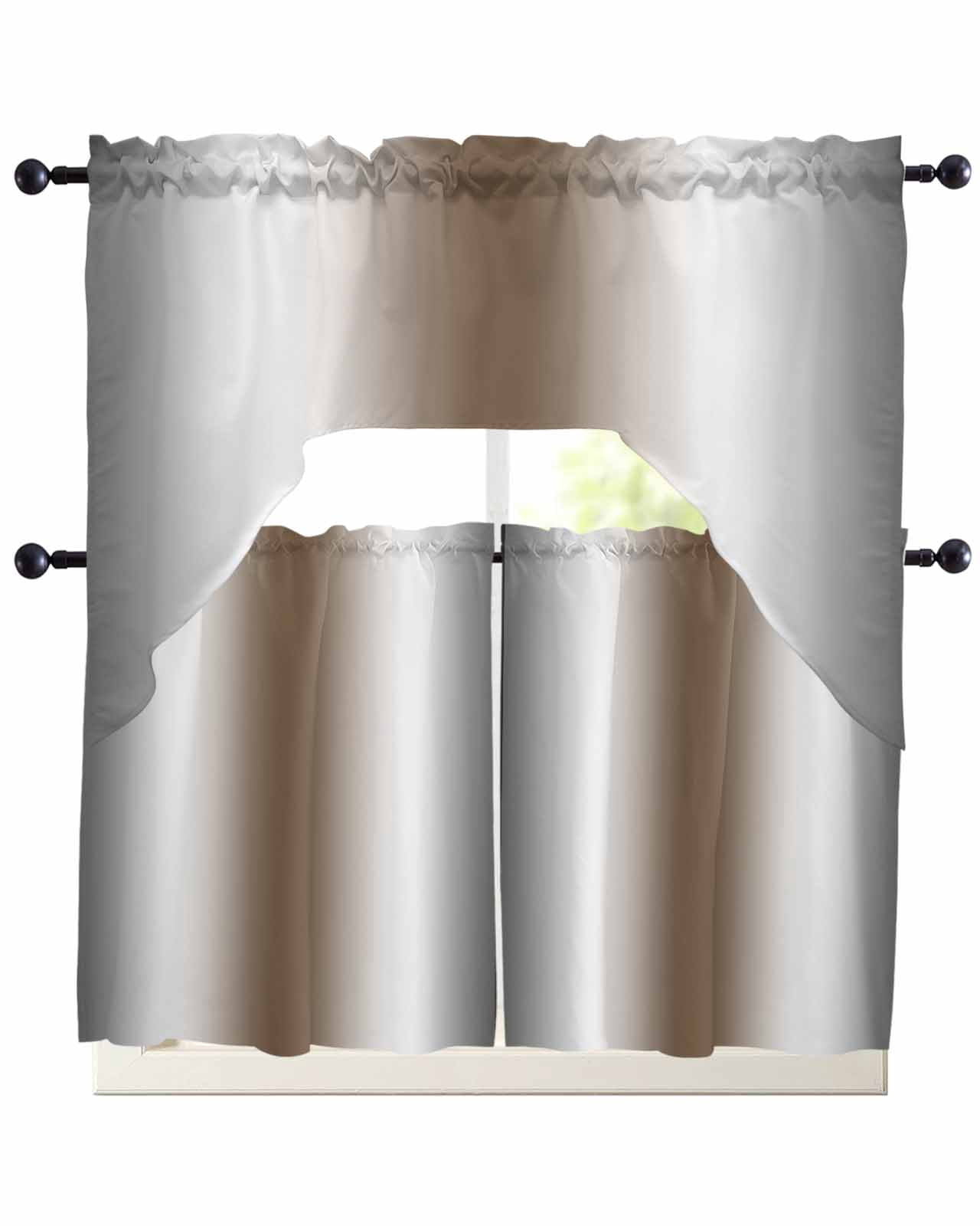 Gray Brown Kitchen Curtains Swag Valance and Tier Curtains Set 24 Inch ...