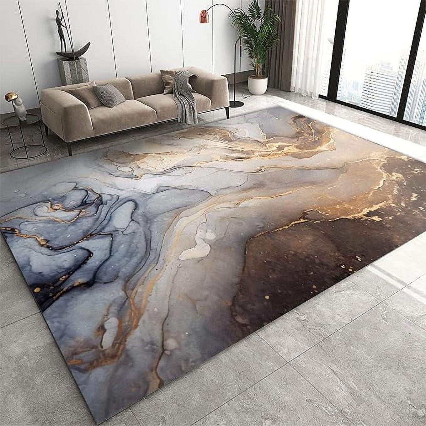Gray Brown Marble Texture Area Rug, Retro Abstract Light Luxury Indoor ...