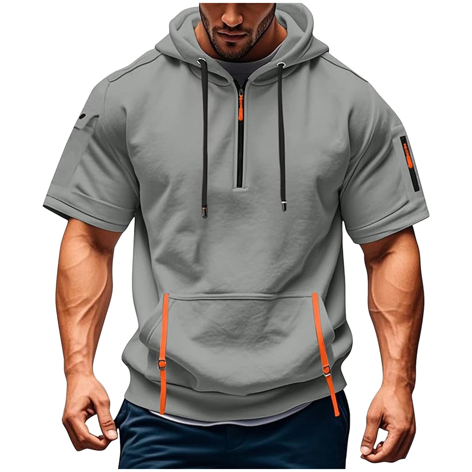 Gray Brunch Zip Up Hood for Mens Fall Summer Short Sleeve with Hood ...