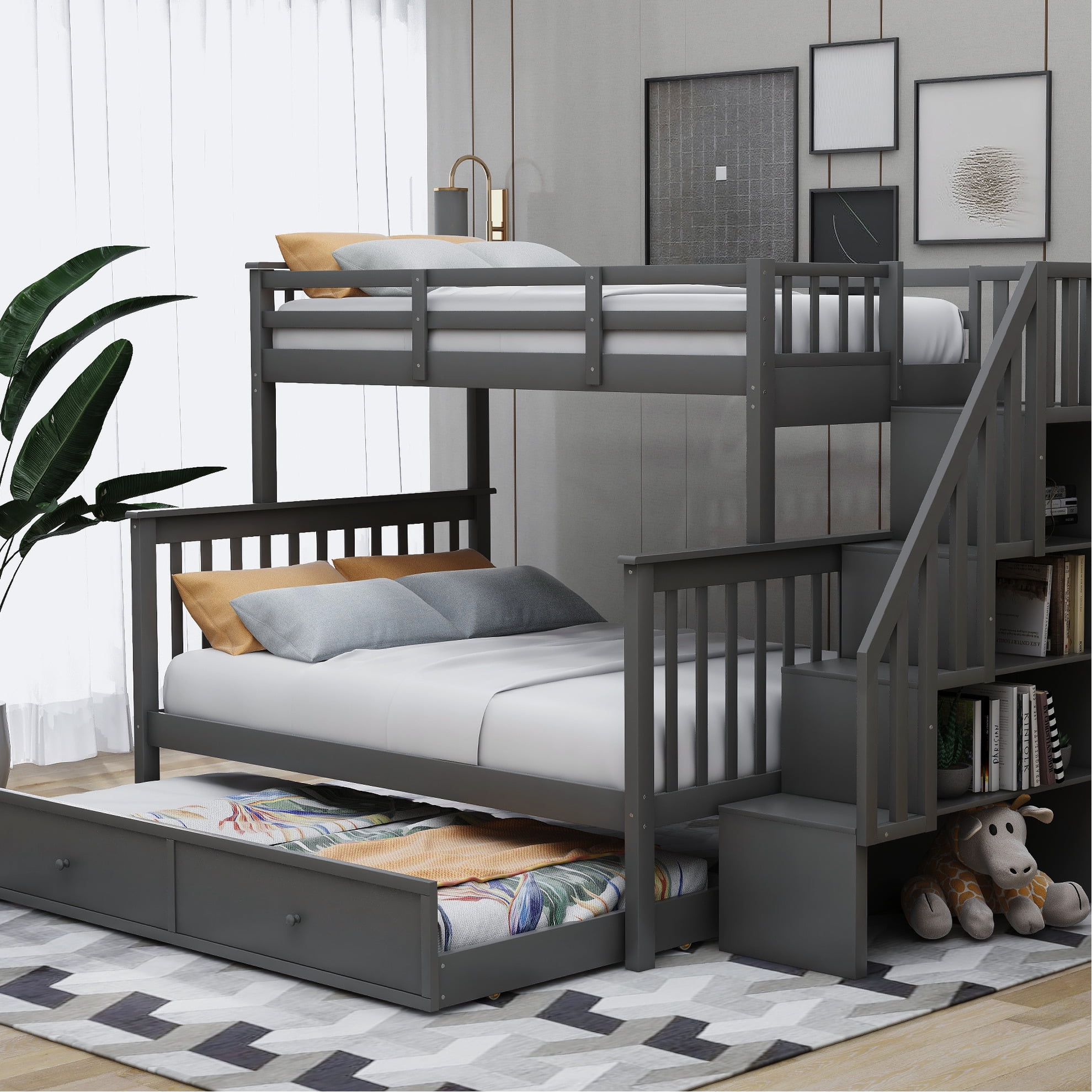 Gray Bunk Bed With Twin Over Full Configuration, Trundle, And Practical ...