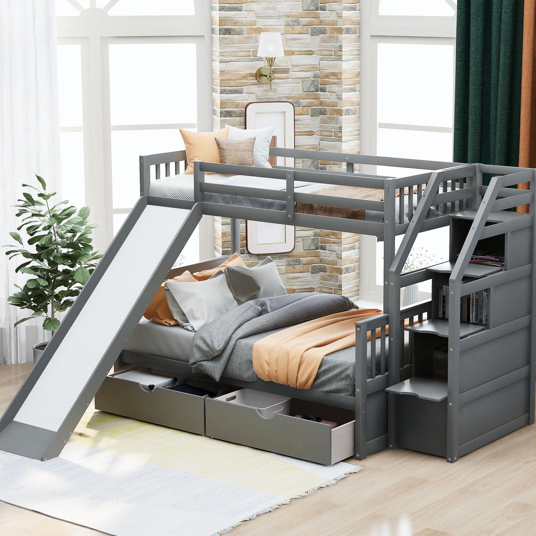 Gray Bunk Bed with Twin over Full, Slide and Storage Drawers - Make ...