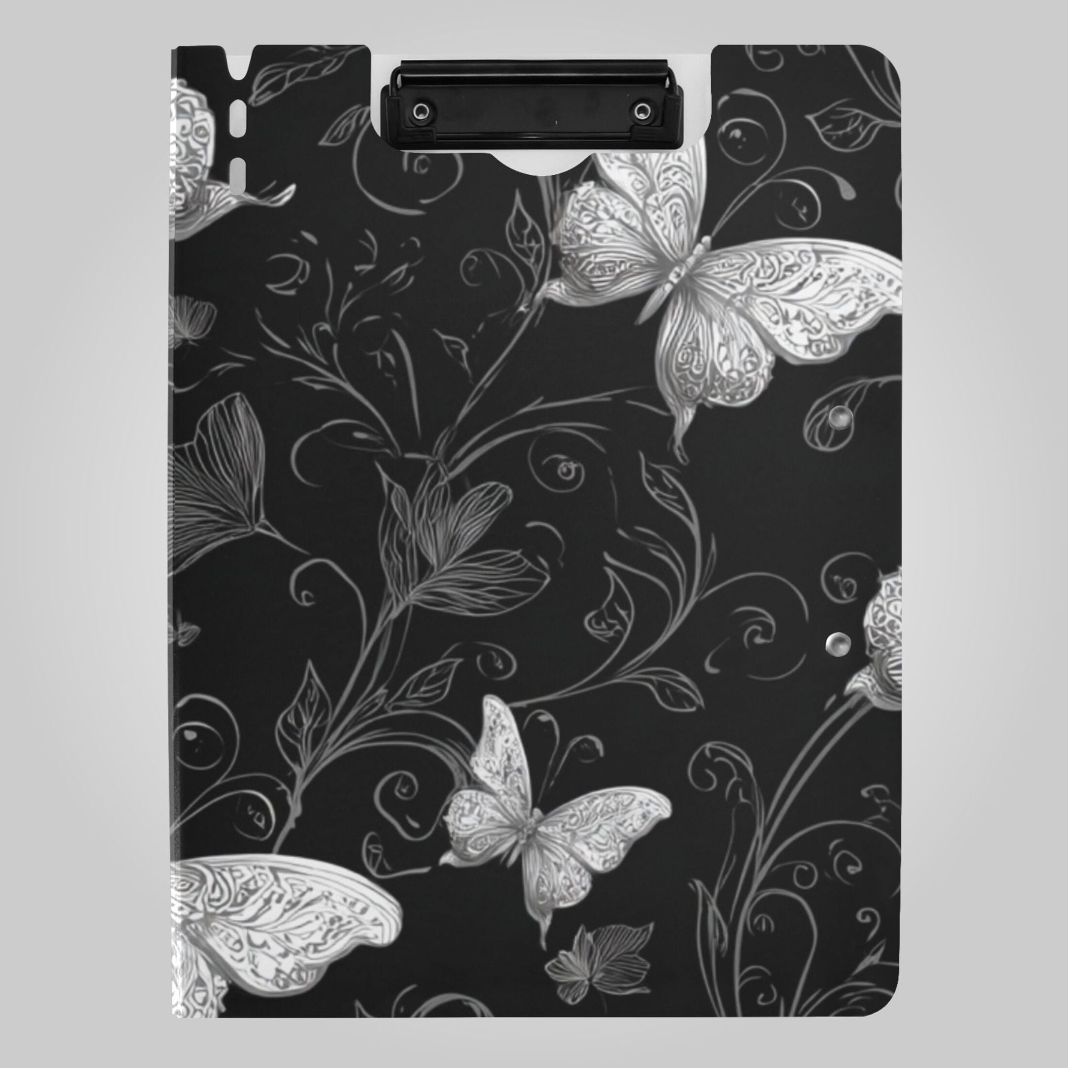 Gray Butterflies Flowers on Black Background Foldable Binder Folder ...