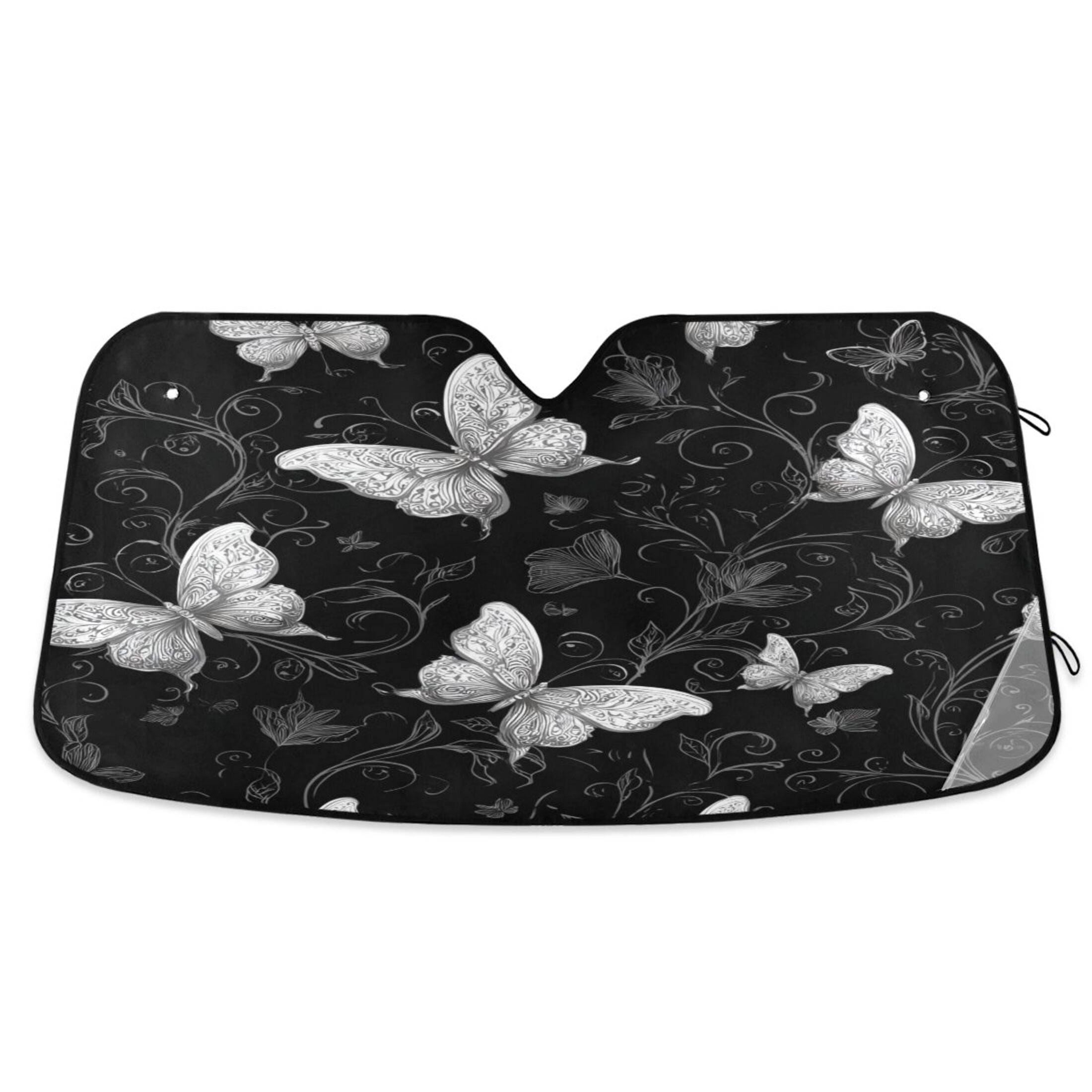 Gray Butterflies Flowers on Black Background Windshield Sun Shade ...