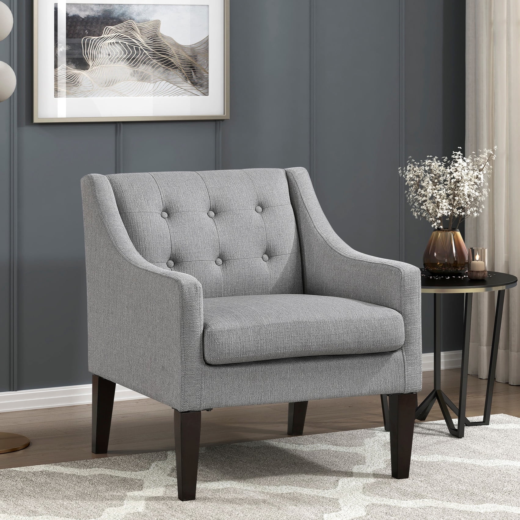 Gray Button-Tufted Fabric Accent Chair | Plywood Frame, High-Density ...