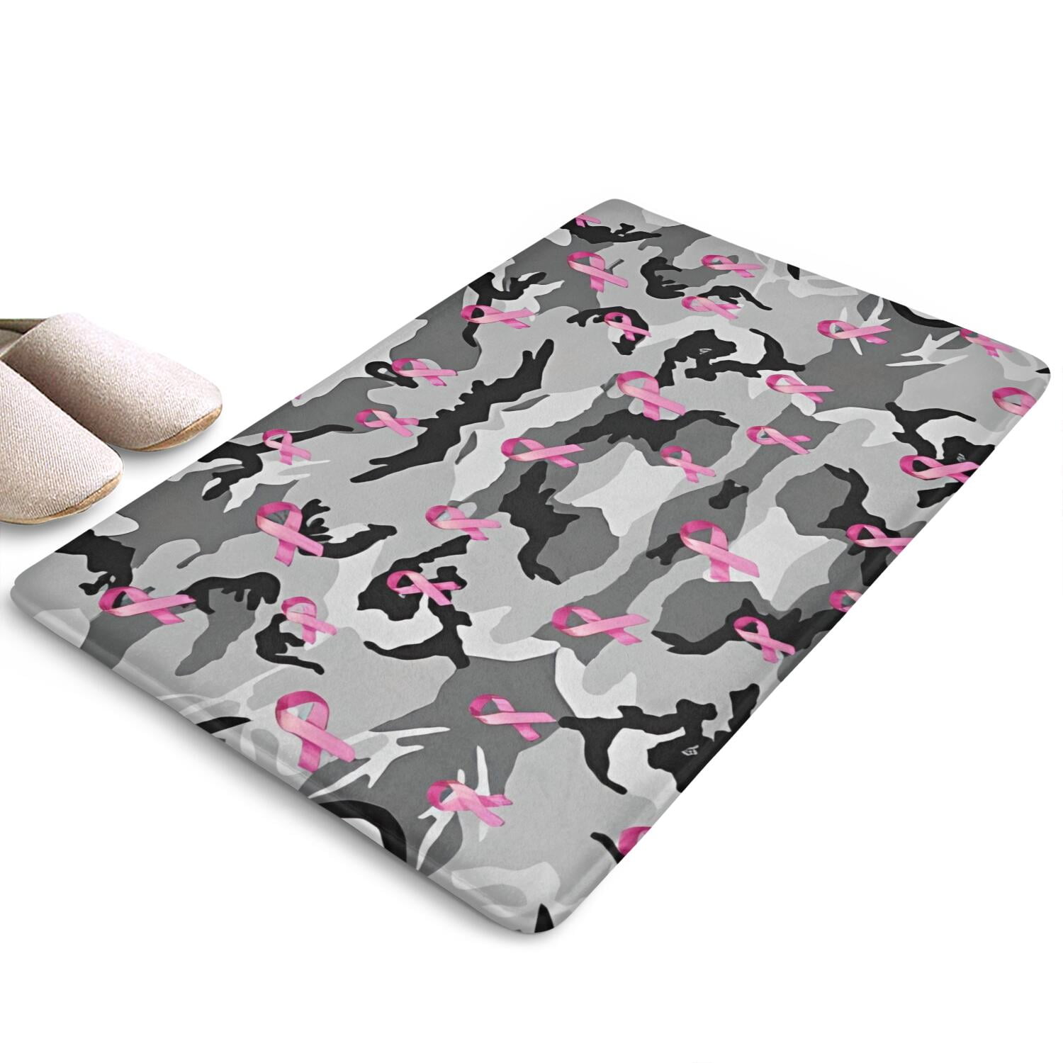 Gray Camo Pink Ribbon Pattern Flannel Non Slip Door Rugs,Washable Door ...