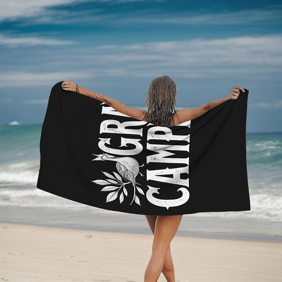 Gray Camping Beach Towel - Bold White Text with Bird & Branch Design ...