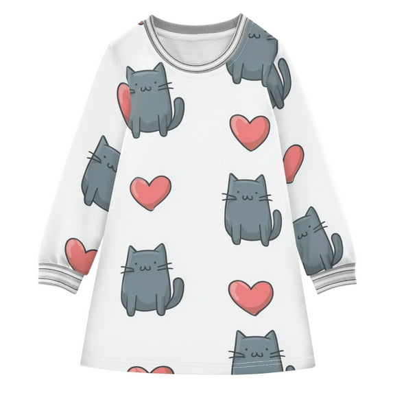 Gray Cartoon Cats with Hears Valentine Long-sleeved Dress A-line One ...