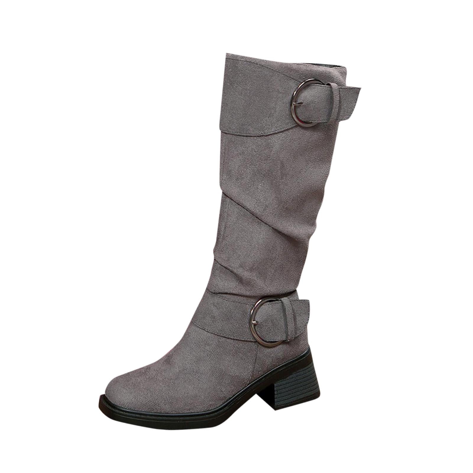 Gray Casual Fashion Boots For Ladies Multi Buckle Detail Mid Calf Block ...