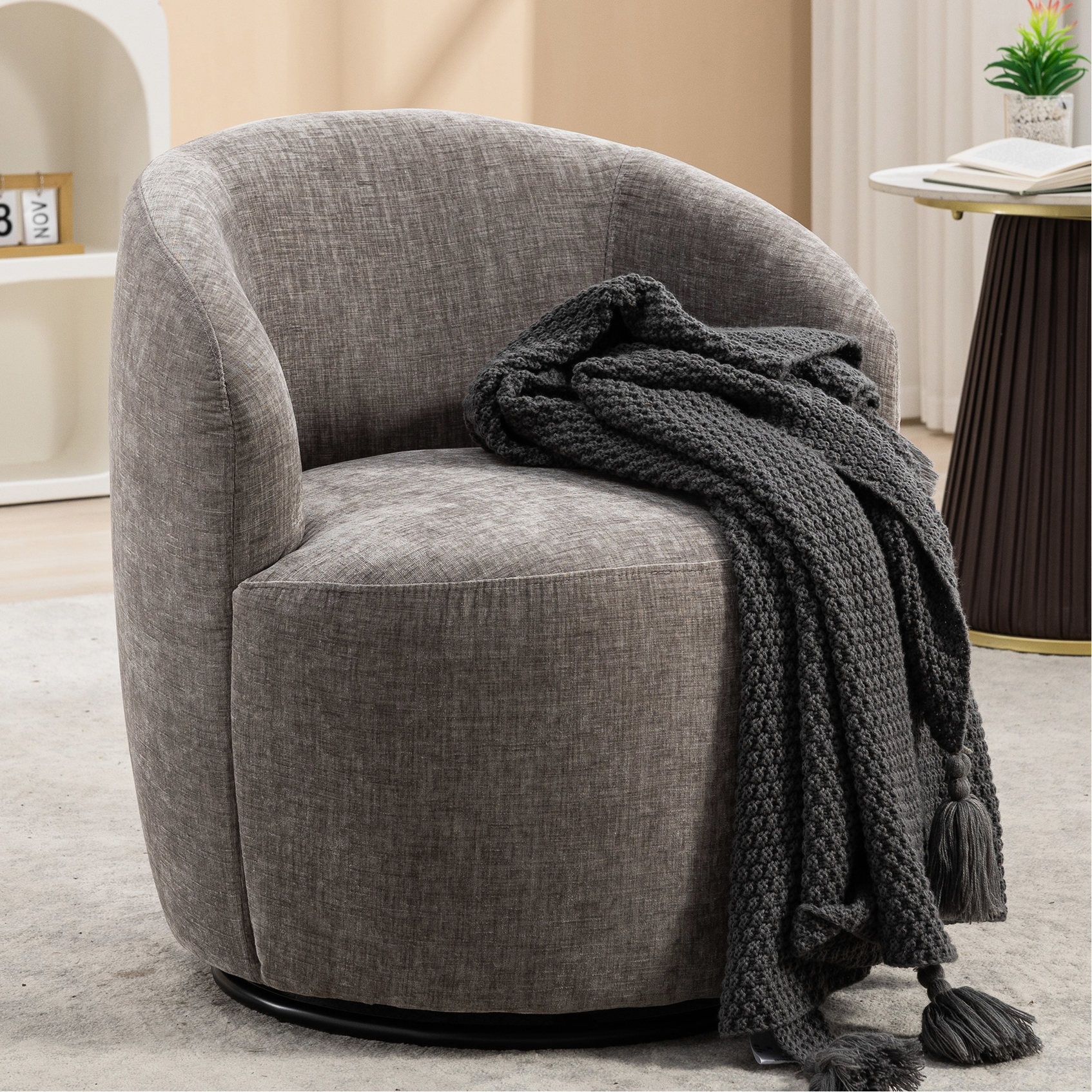 Gray Chenille Barrel Swivel Chair, 25.6" Wide, 26.4lbs | Spot Clean ...
