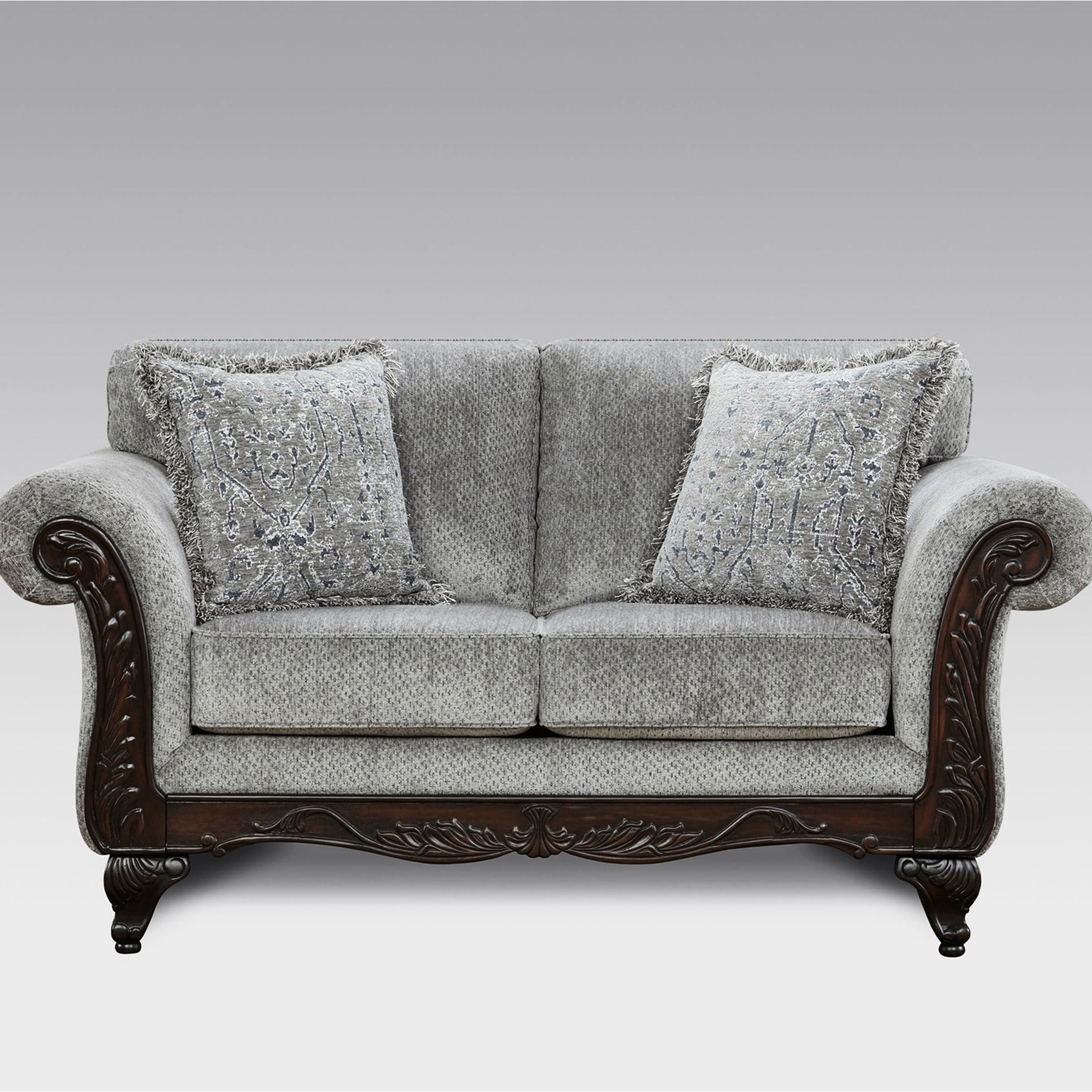 Gray Chenille Fabric | Carved Face Panel and Hardwood Feet | Home Decor ...