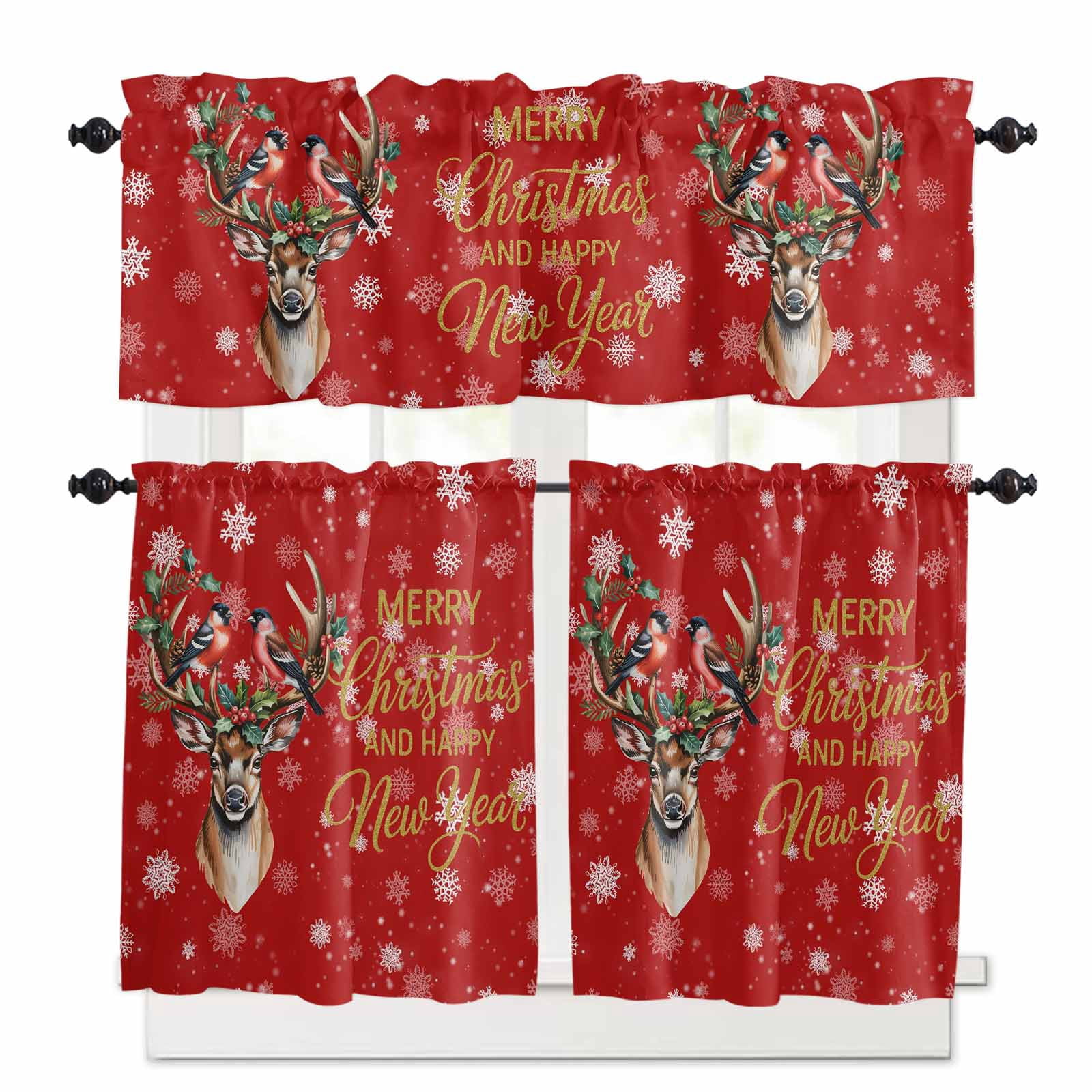 Gray Christmas Curtain Valances Set Cute Santa Claus Deer Winter ...