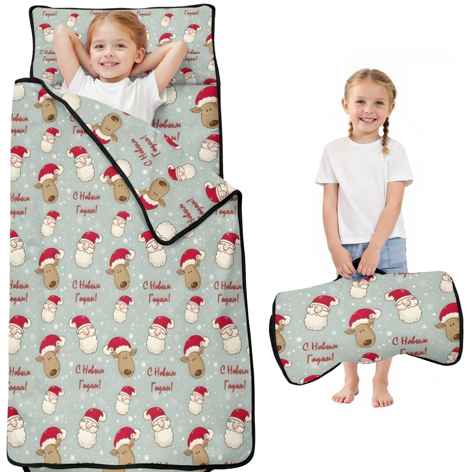 Gray Christmas Santa and Reindeer Pattern Toddler Nap Mats for Kids ...
