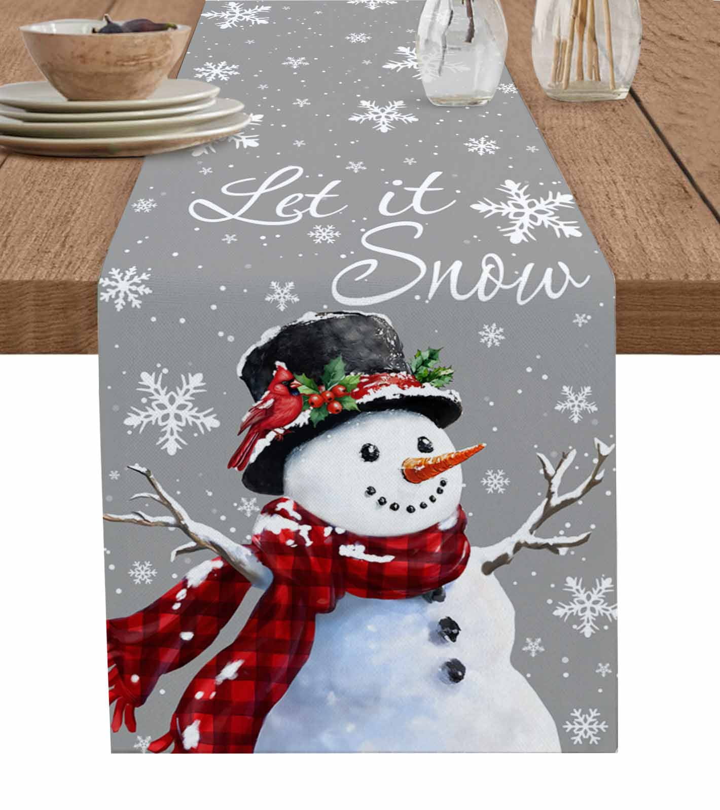 Gray Christmas Table Runner Snowflake Snowman Xmas Birds Berry ...