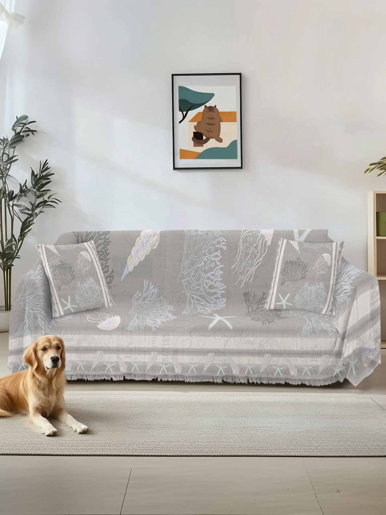 Gray Coastal Couch Cover for 2 Cushion Sofa, Nautical Beach Summer Sea ...