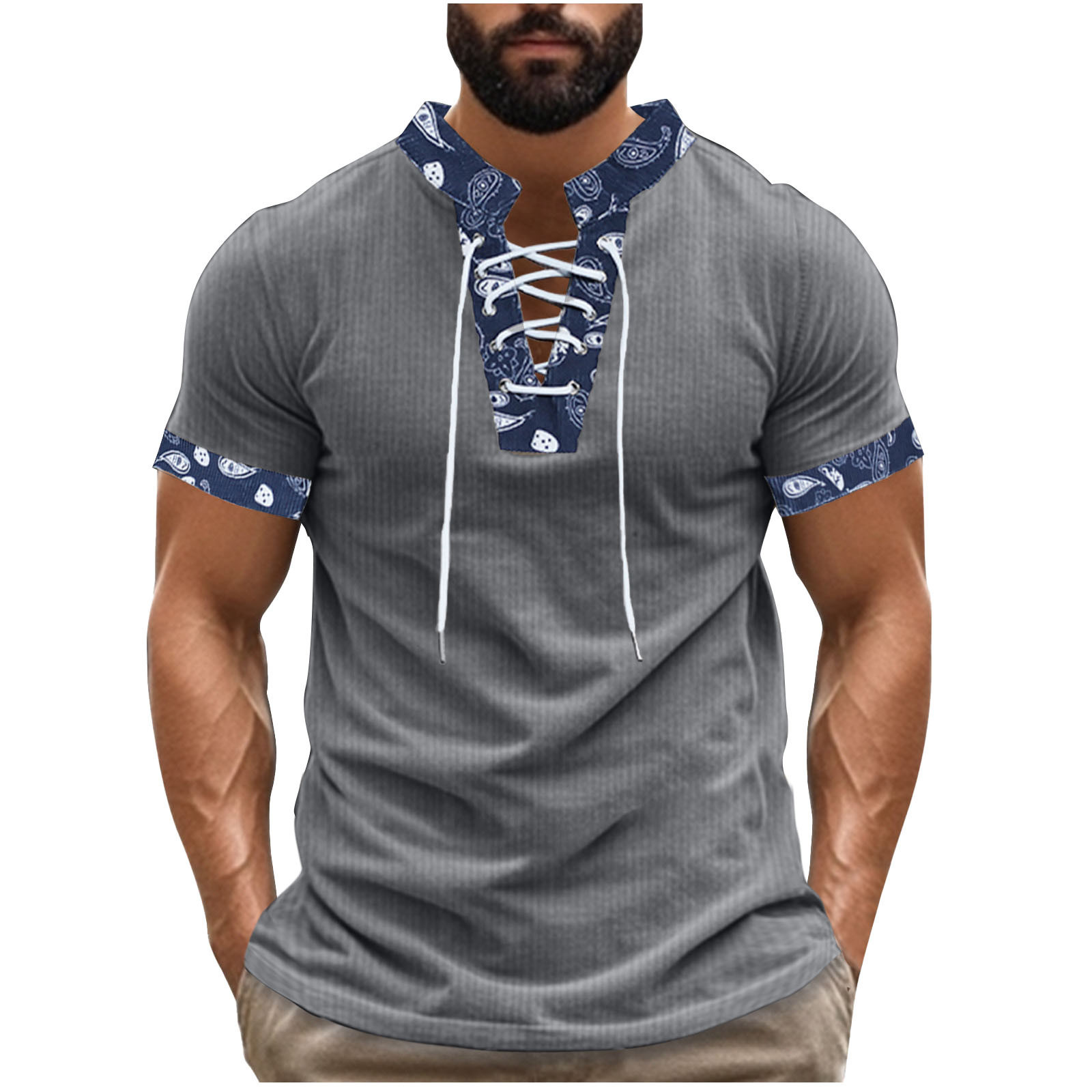 Gray Collared Neck Lace Corduroy T Shirt for Mens Fall Summer Short ...