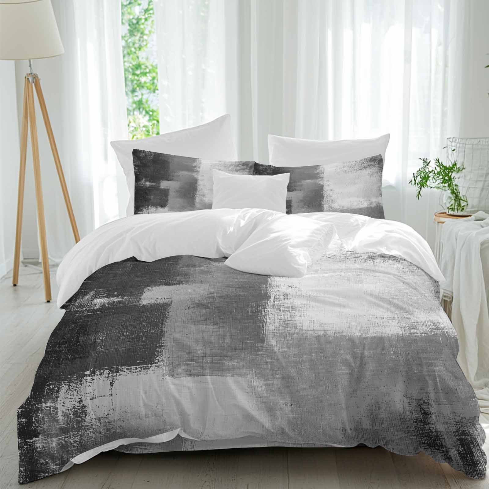 Gray Color Block Duvet Cover Set California King Size Abstract Shabby ...