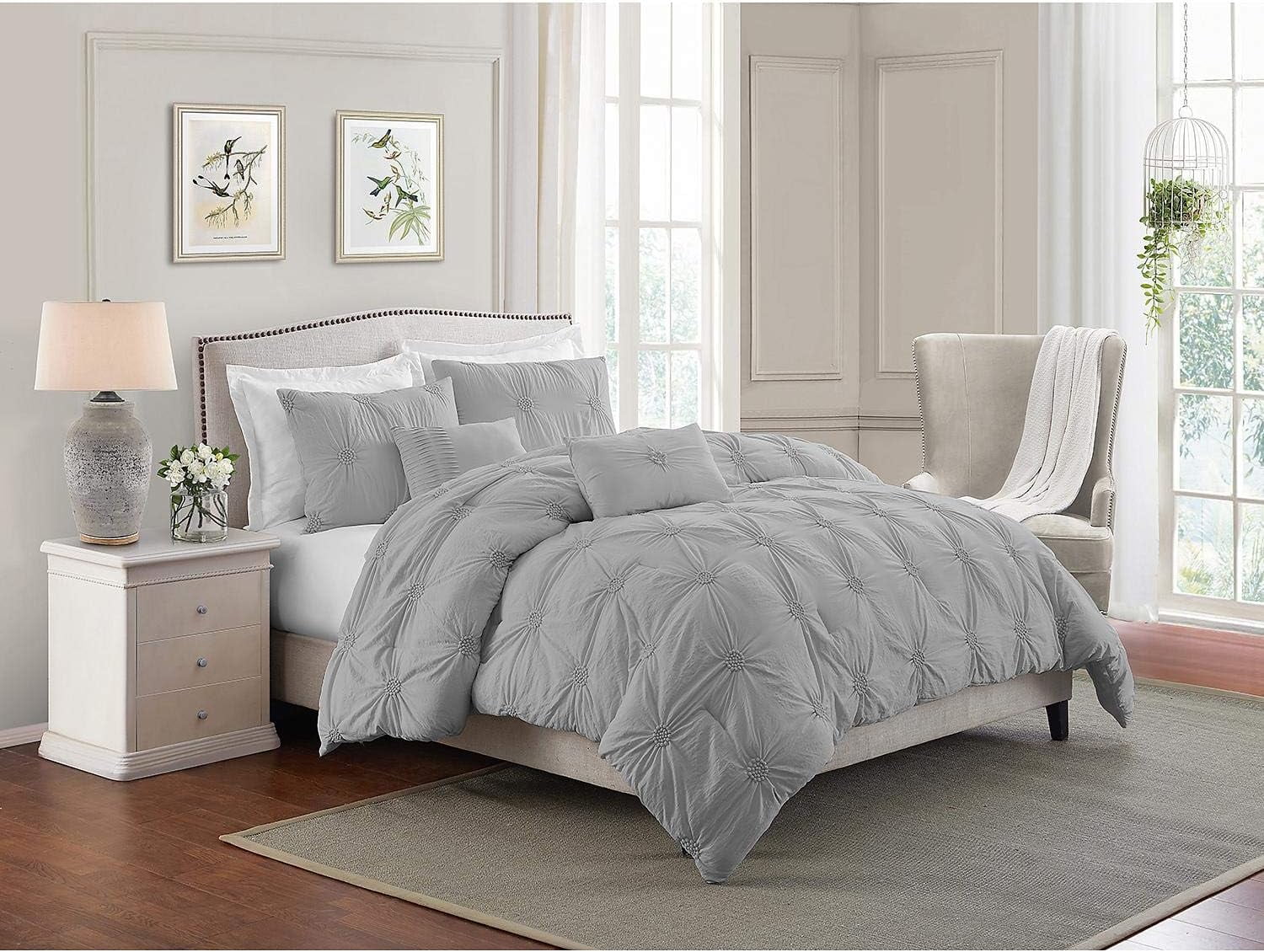 Gray Comforter Set for Full/Queen - 3D Ruched Floral Pintuck Bedding ...