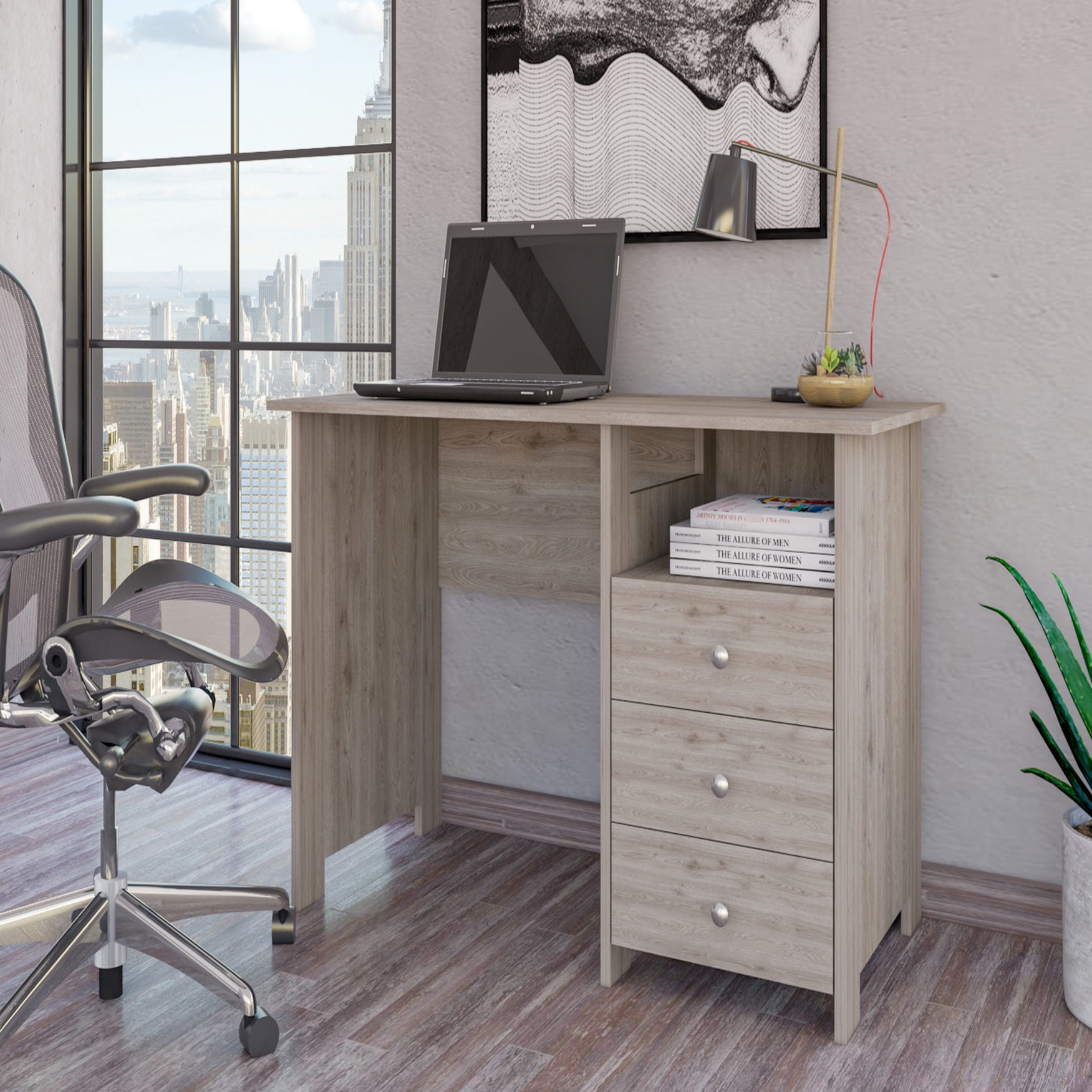 Gray - Compact and Stylish - Small Workspace - Modern Look with Storage ...