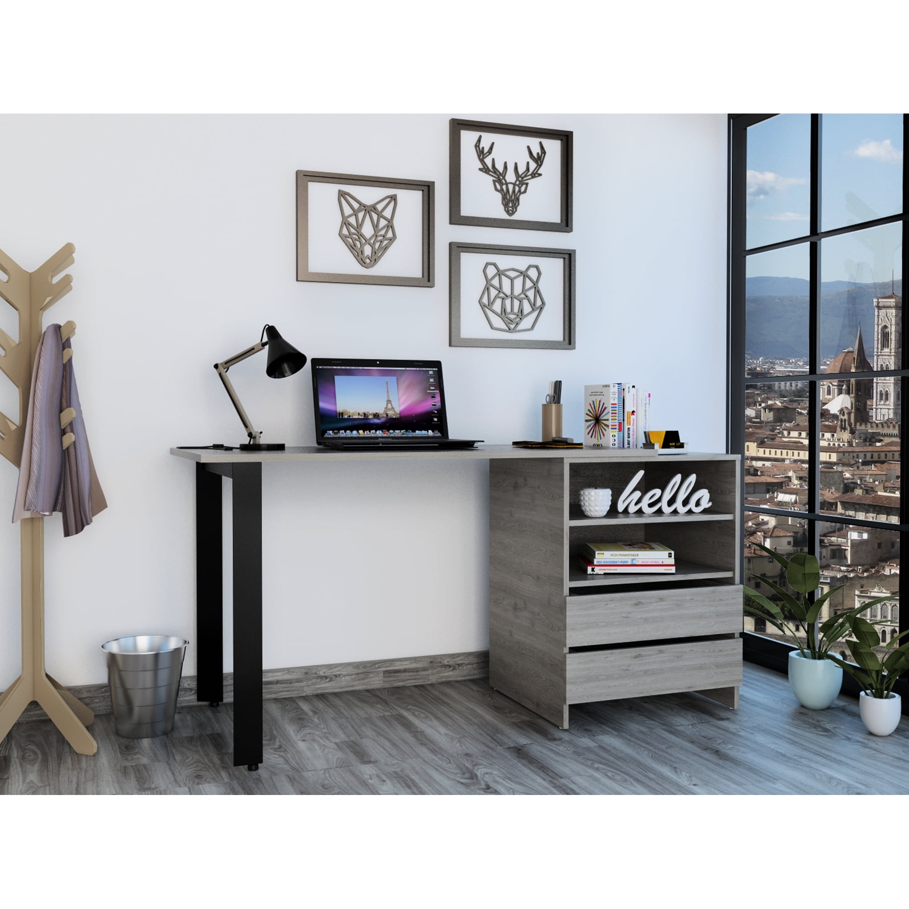 Gray Computer Desk With 2 Drawers And Shelves For Stability Writing ...