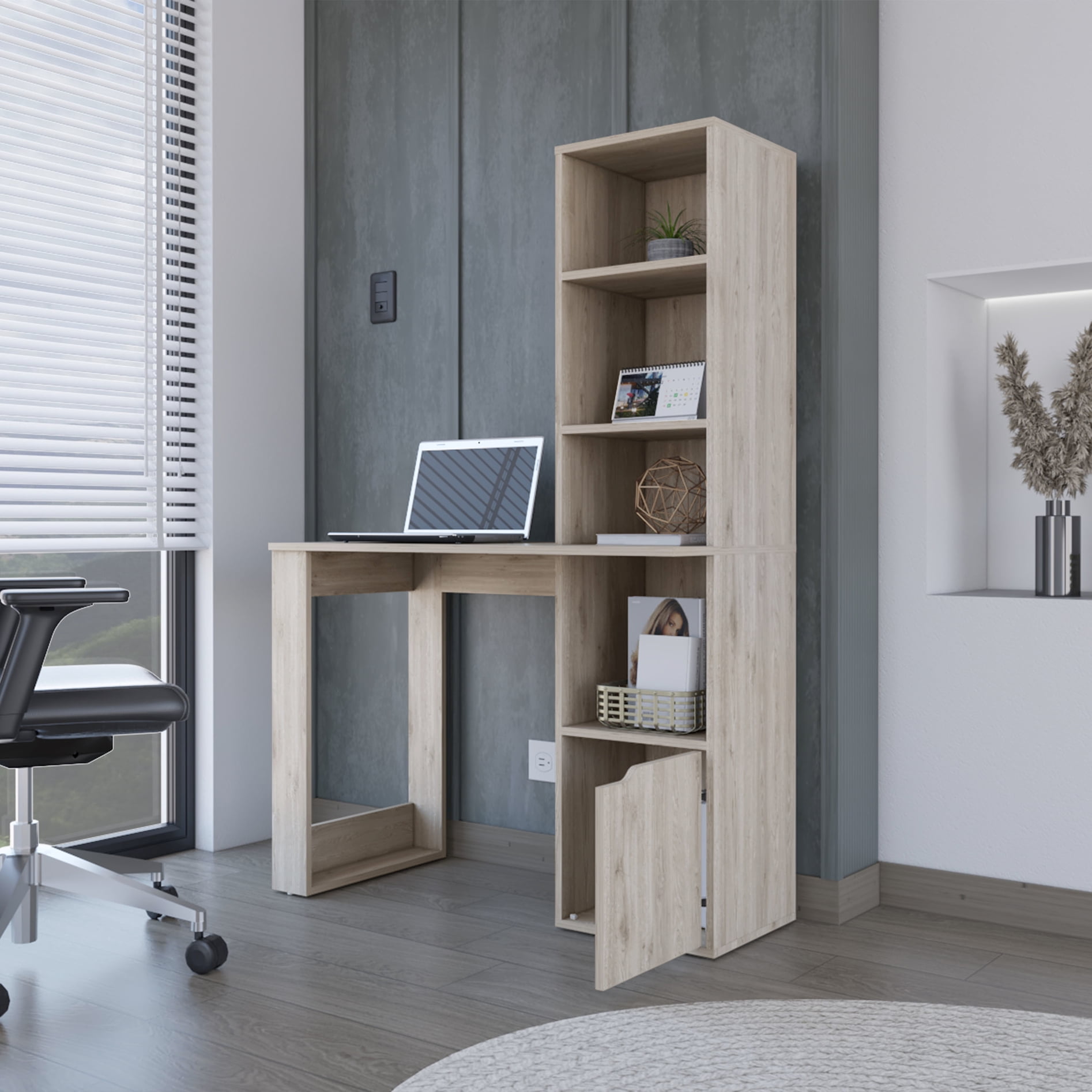 Gray Computer Desk With 4 Shelf And Single Door Cabinet, Facilitate ...