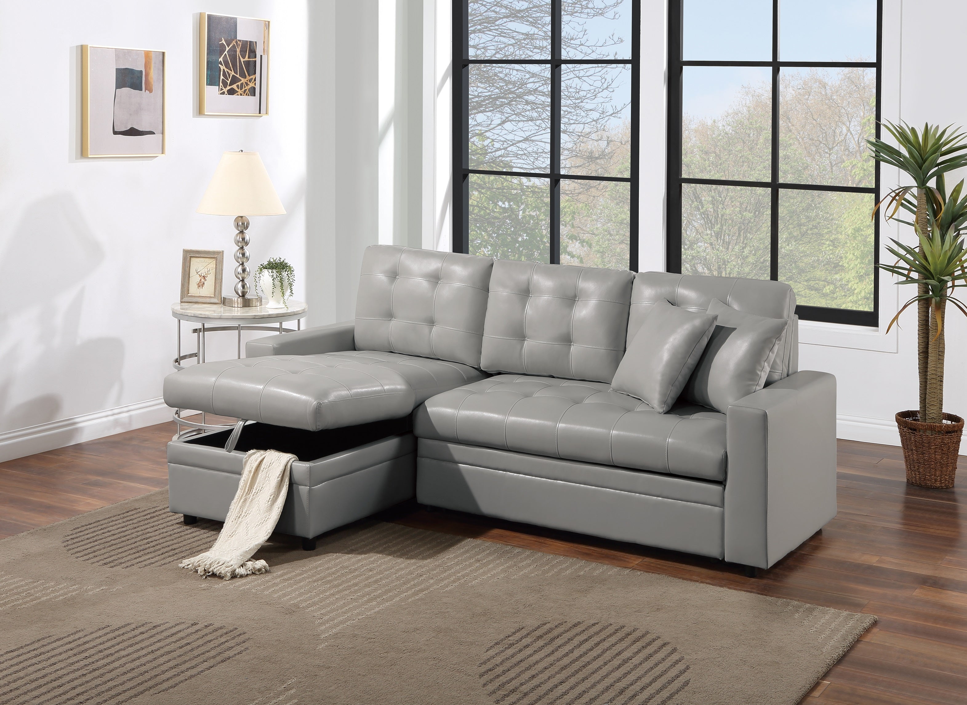 Gray Convertible Sectional 2pc Set Velvet Tufted Sofa Reversible Chaise w Storage Lounge Living ...